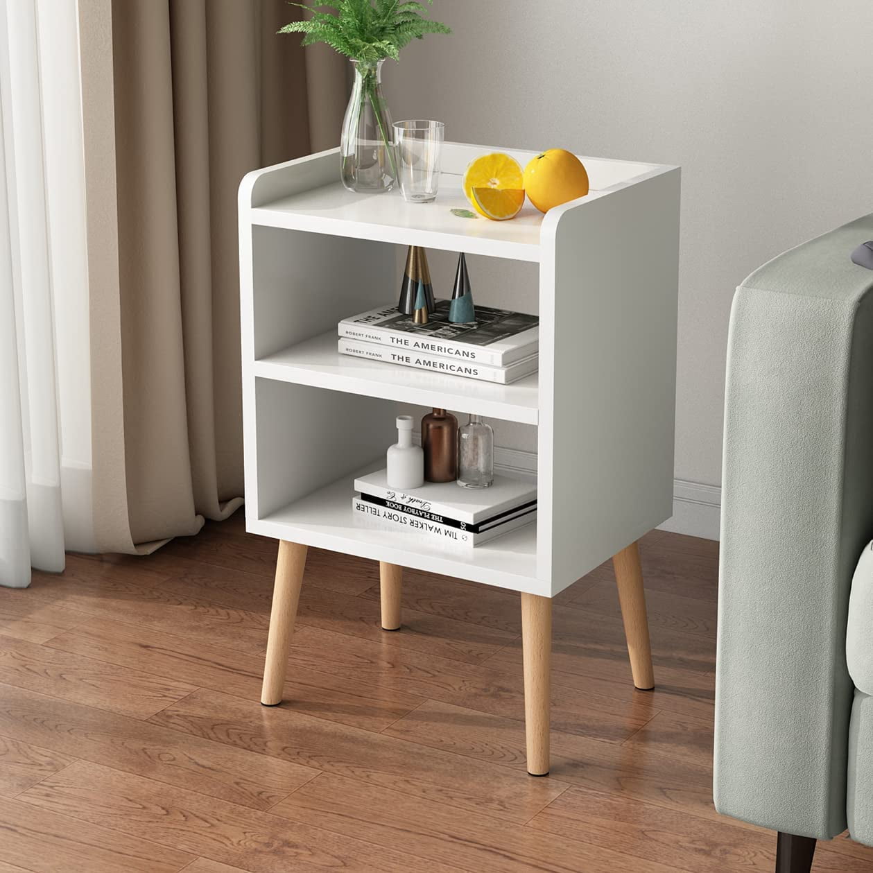 Mid Century Modern Nightstand, White Wood Bedside Table, 3 Tier Tall ...