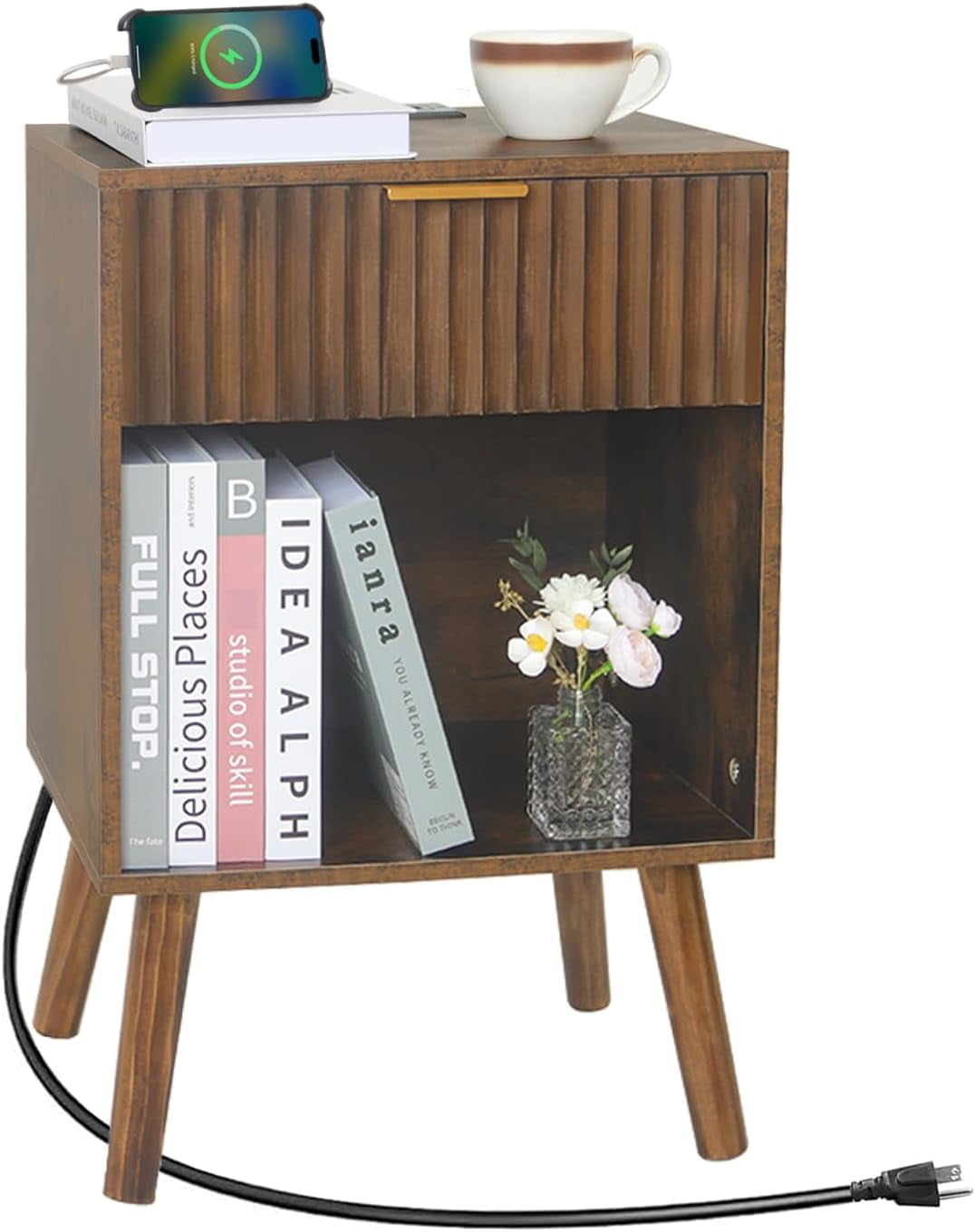 Mid Century Modern Nightstand, Wood Bedside Table with Drawer and ...