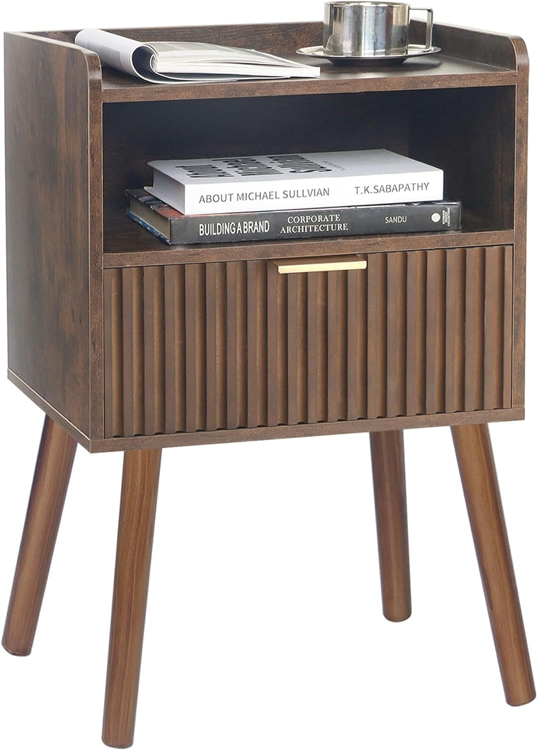 Mid Century Modern Nightstand, Wood Bedside Table with Fluted Drawers ...
