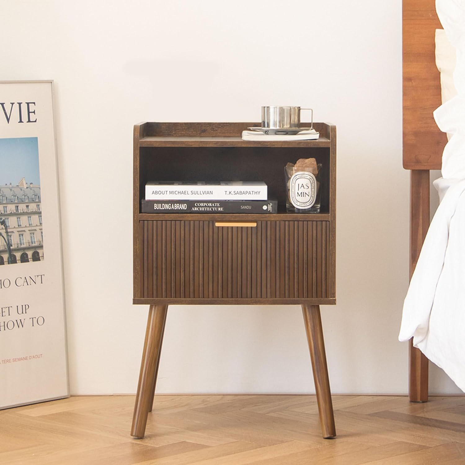 Mid Century Modern Nightstand, Wood Bedside Table with Fluted Drawers ...