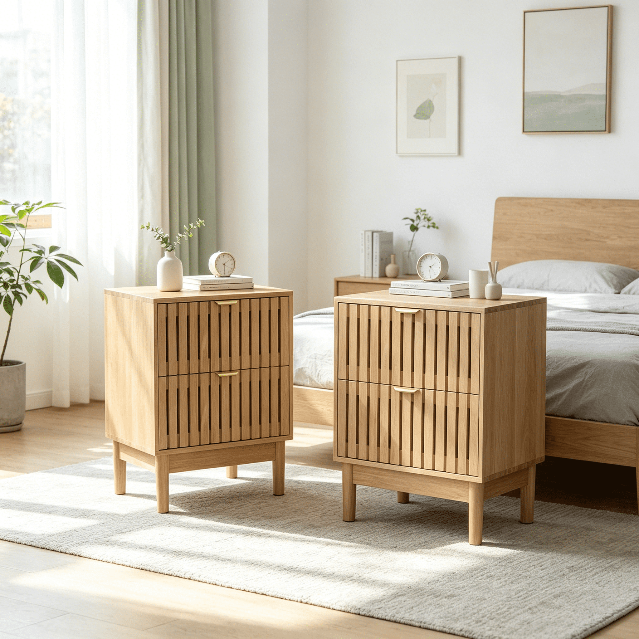 Mid-Century Modern Nightstand with Grille Front and Two Drawers, Oak ...