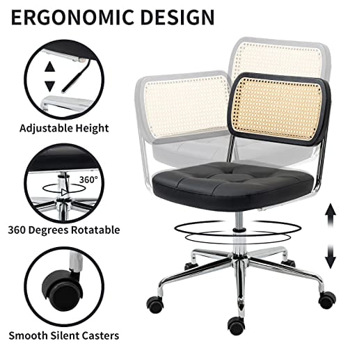 Mid-Century Modern Office Chair with Wheels, Armless Leather Desk Chair Rattan Chair ...