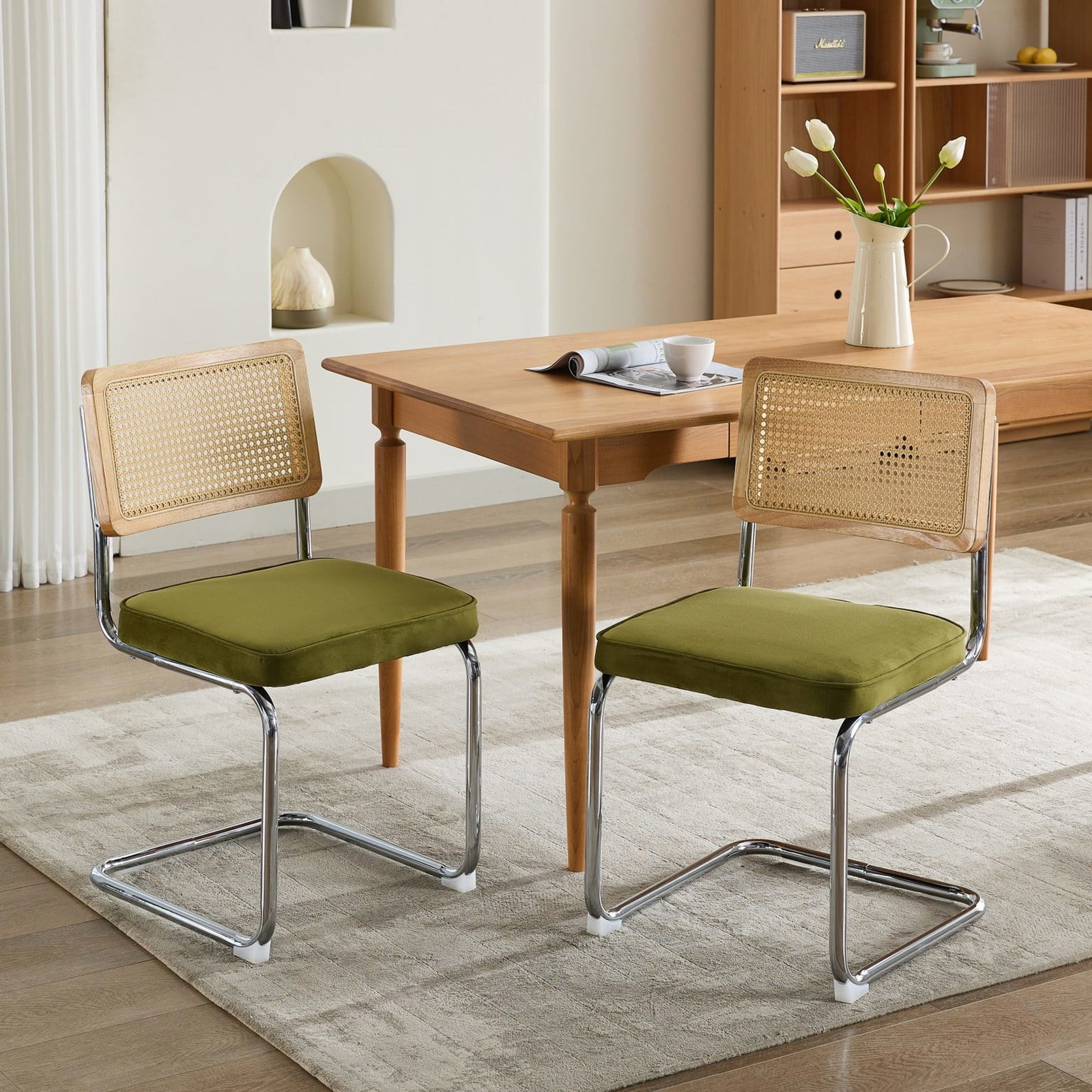 Mid Century Modern Olive-Green Velvet Rattan Backed Dining Chairs Set ...