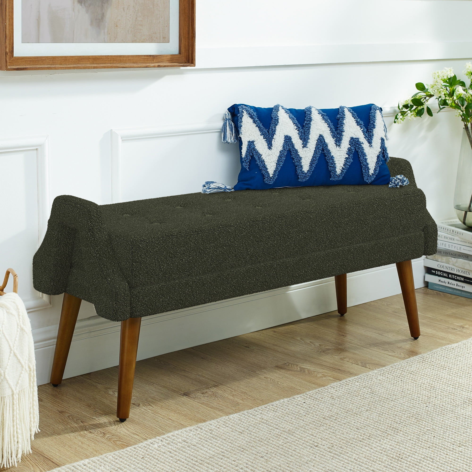 Mid Century Modern Ottoman Bench, Contemporary Upholstered Linen Fabric ...