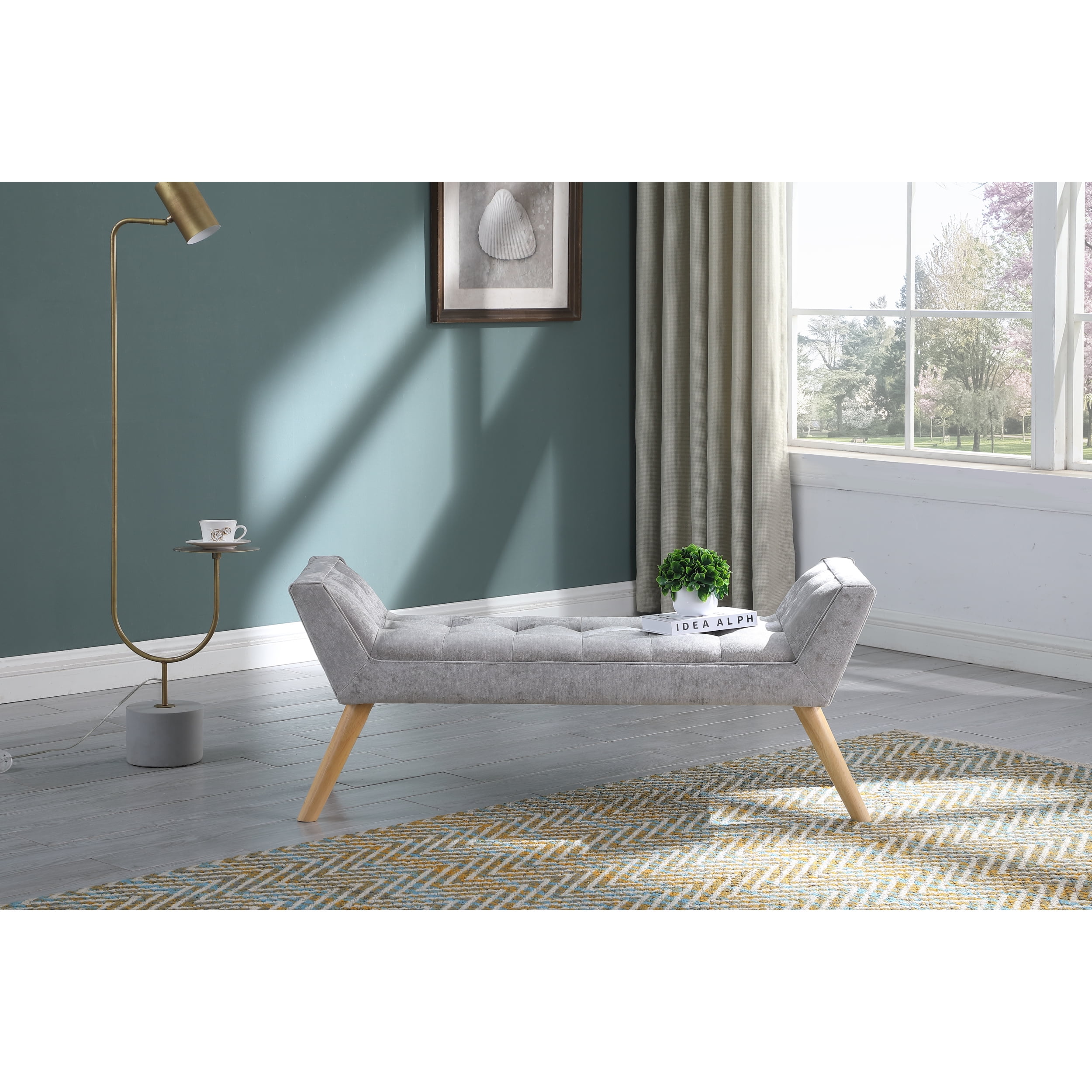 Mid Century Modern Ottoman, Upholstered Velvet Bench with Wood Legs ...