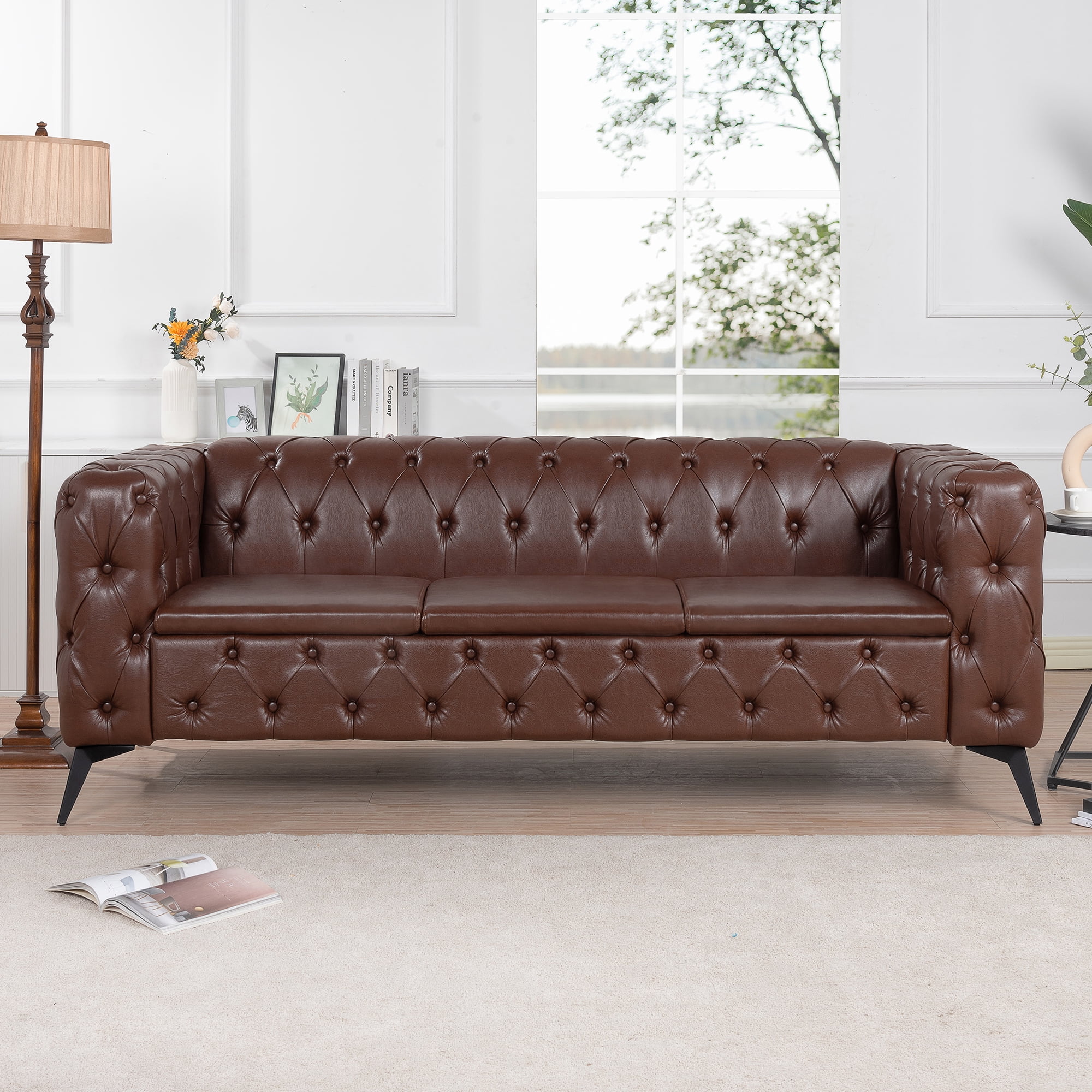 Mid-Century Modern PU Leather Sofa, 84'' Tufted Couch with Solid Wood ...