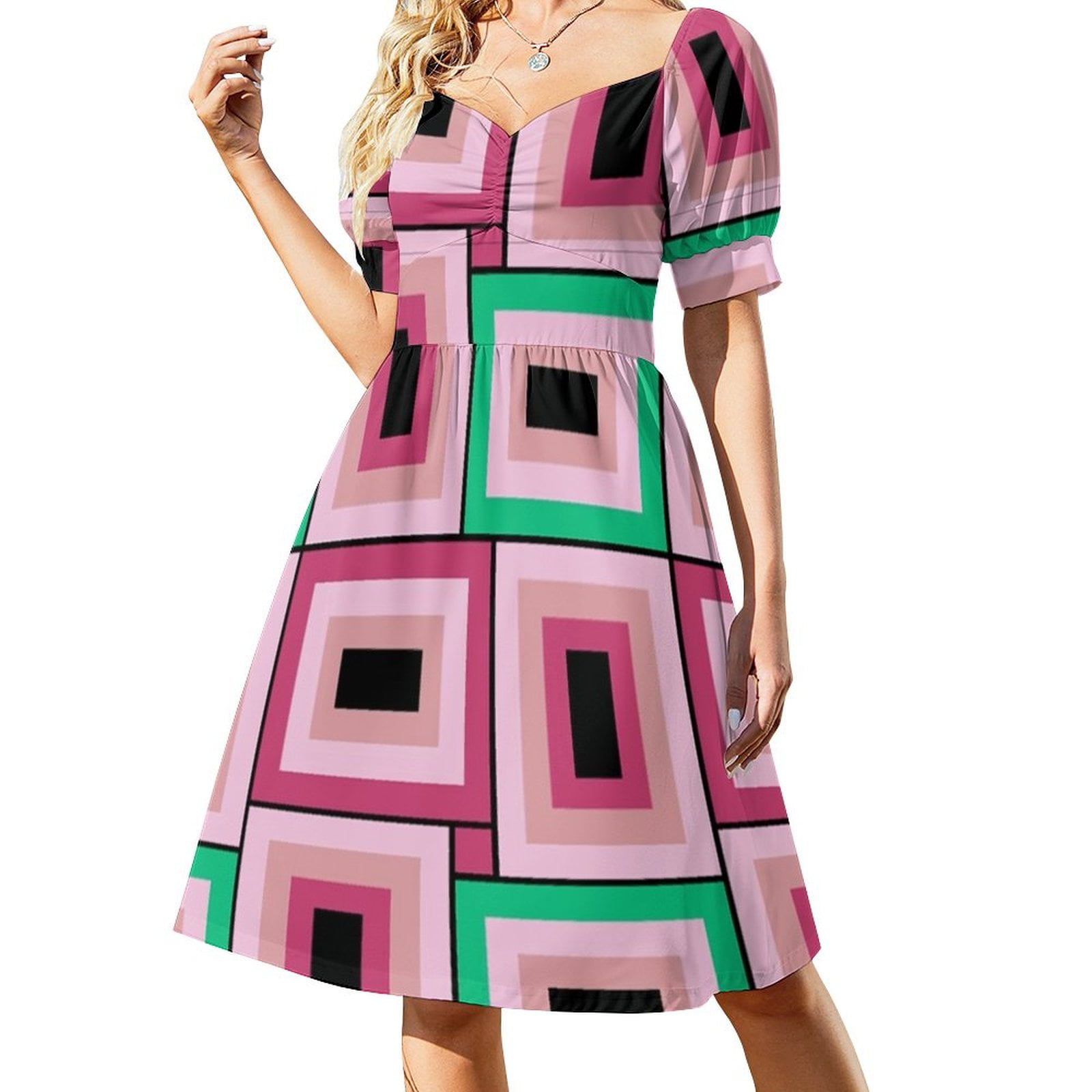 Mid-Century Modern Pink And Green Rectangles Pattern Sleeveless Dress ...