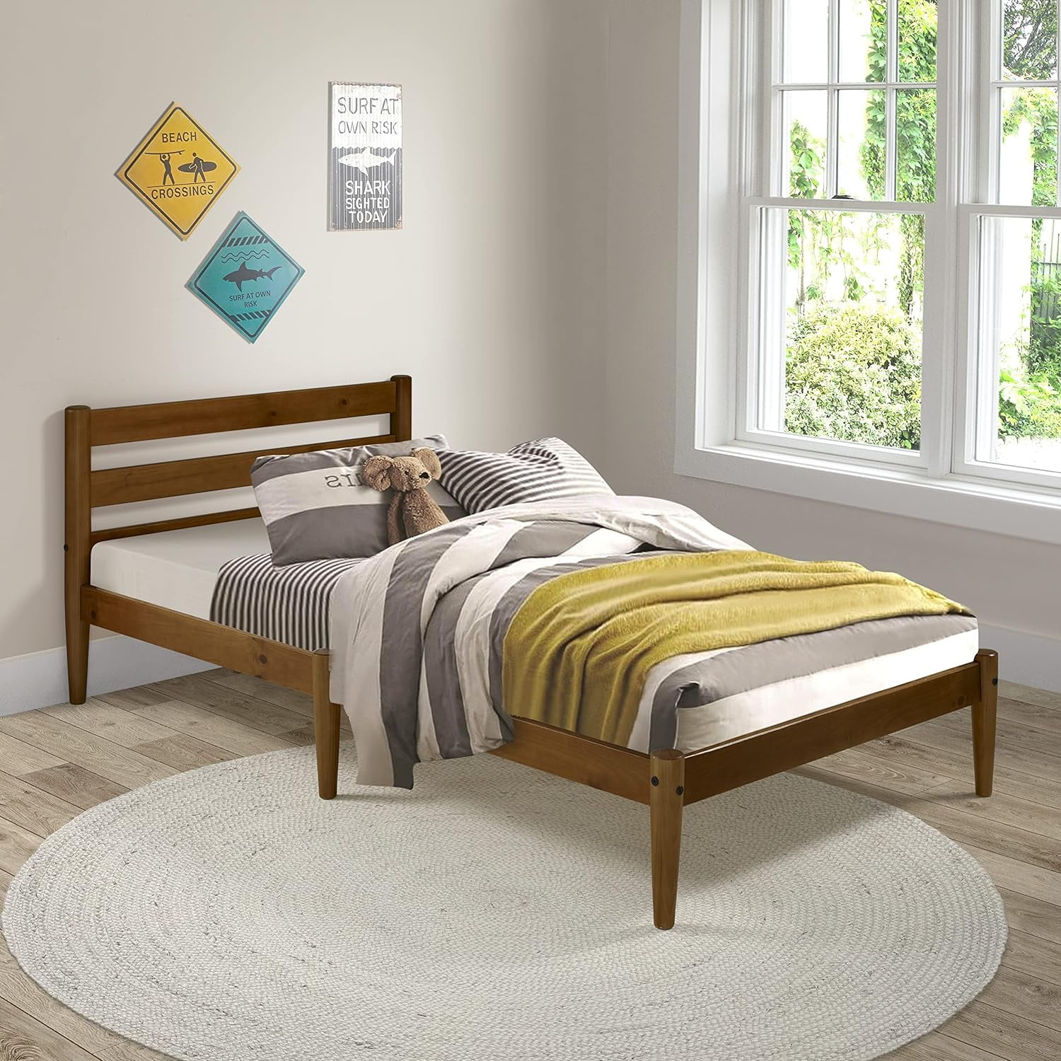Mid-Century Modern Platform Bed/Solid Wood/Slat Headboard/Mattress ...