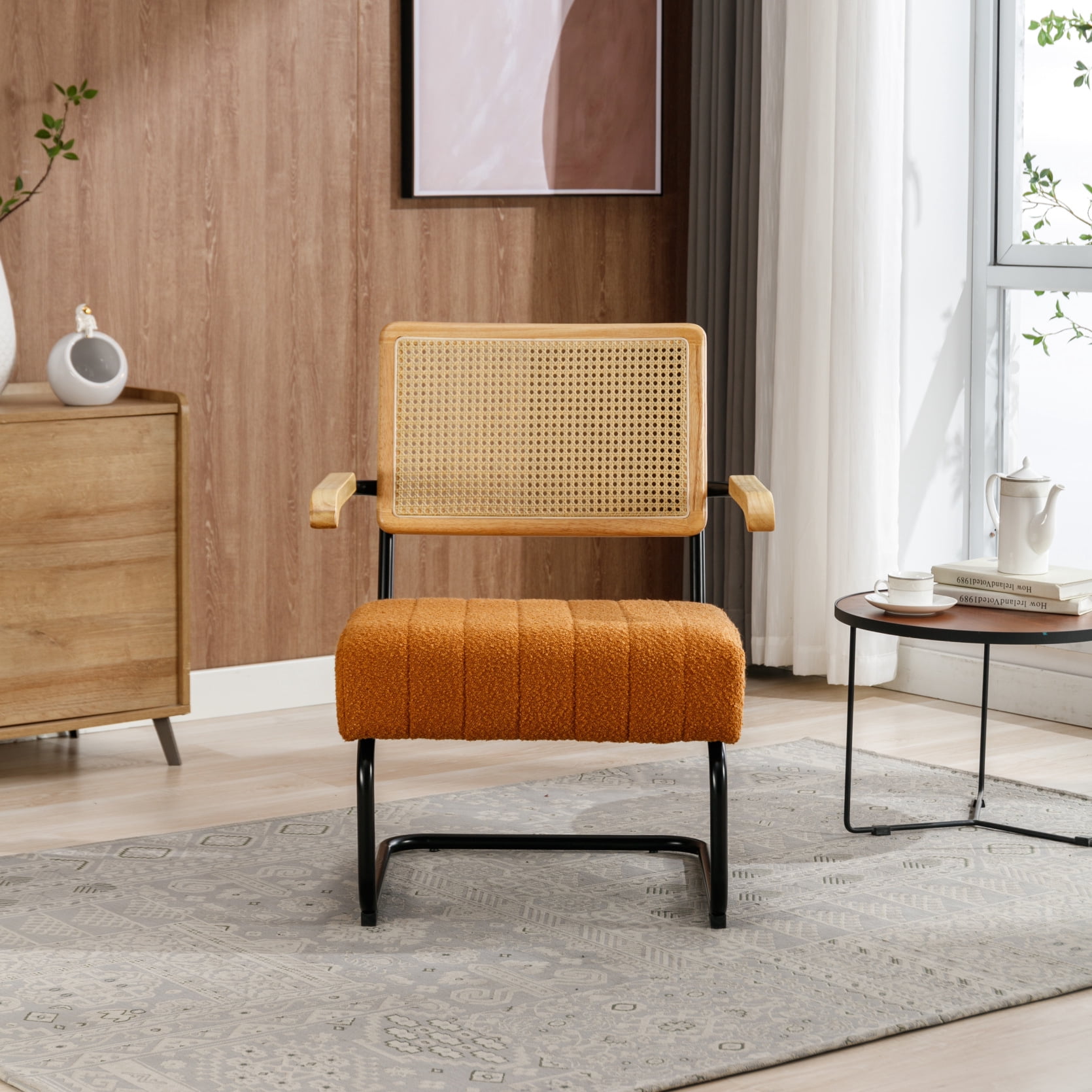 Mid-Century Modern Rattan Accent Chair with Metal Frame, Premium High ...