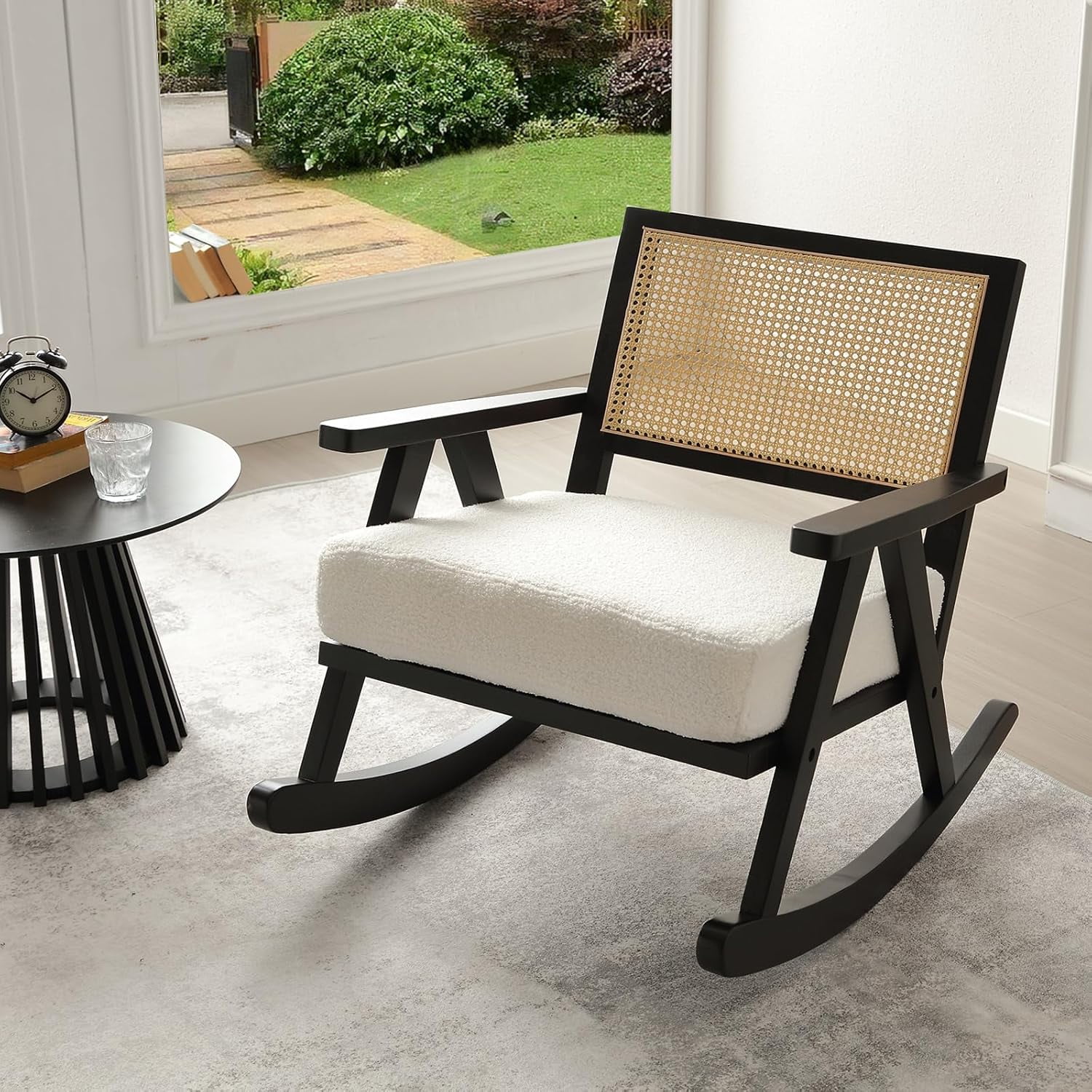 Mid Century Modern Rattan Chair Upholstered Velvet Accent Chair with ...