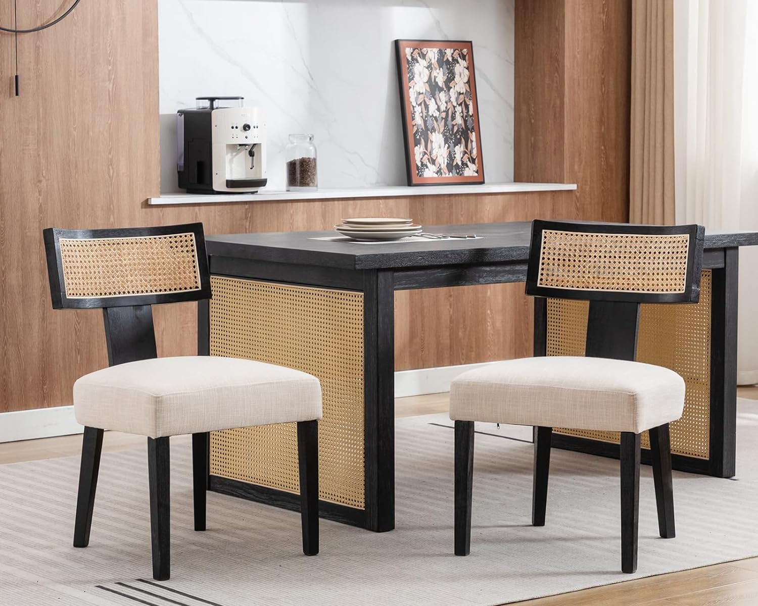 Mid Century Modern Rattan Dining Chairs Set of 2, Farmhouse Linen ...