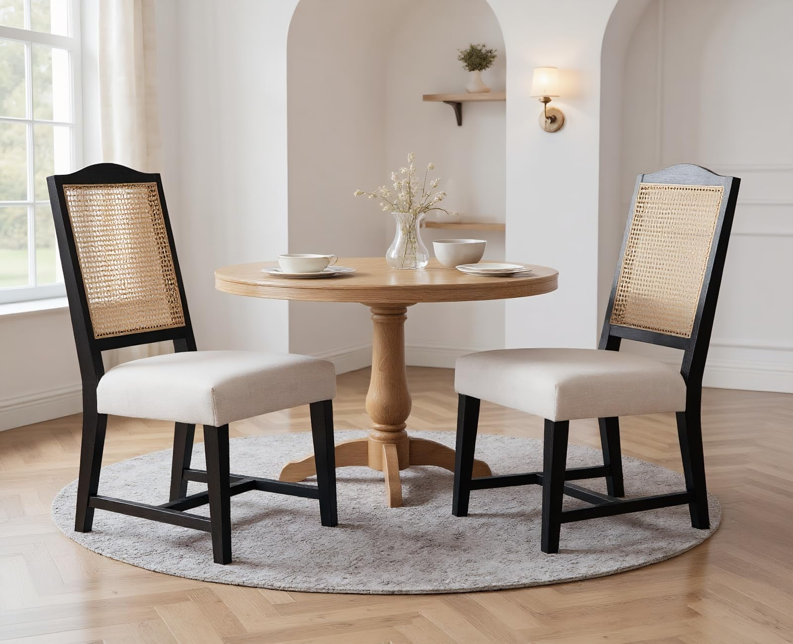 Mid Century Modern Rattan Dining Chairs Set of 2, Upholstered Farmhouse ...