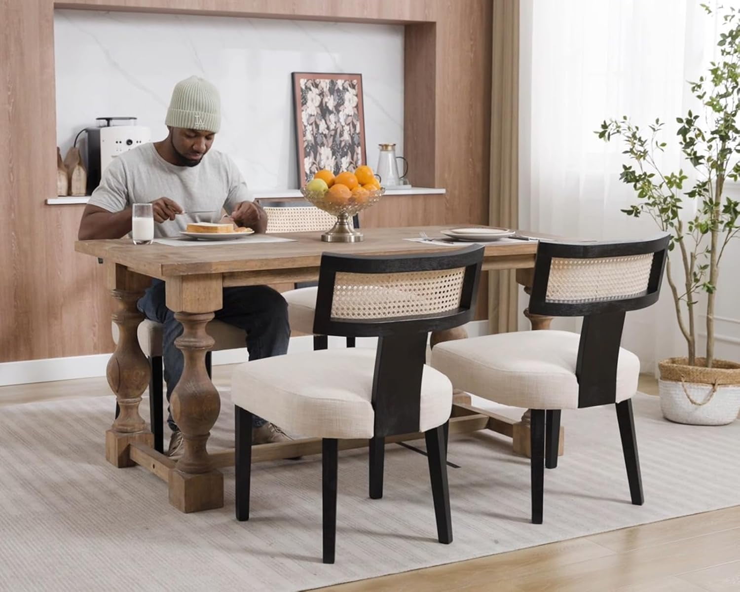 Mid Century Modern Rattan Dining Chairs Set of 4, Farmhouse Linen ...