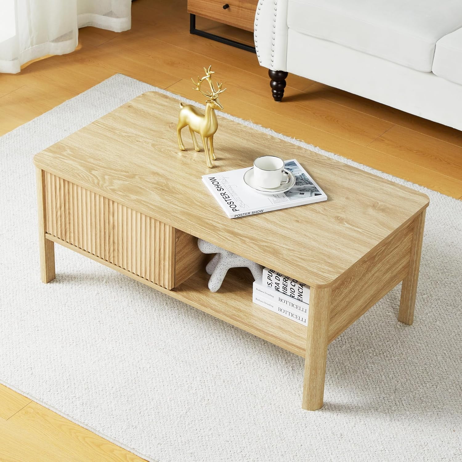 Mid-Century Modern Rectangular Wood Coffee Table with Dual Storage ...