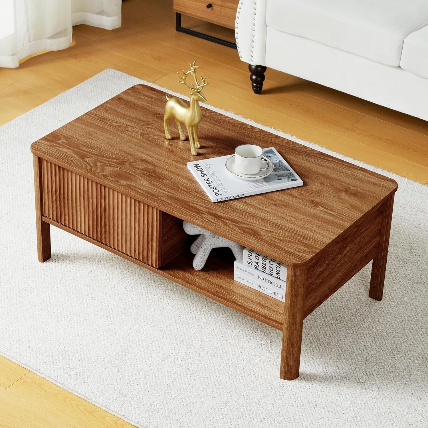 Mid-Century Modern Rectangular Wood Coffee Table with Dual Storage ...