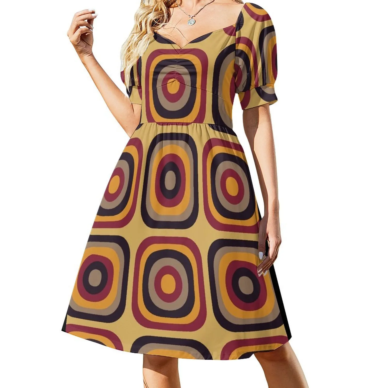 Mid Century Modern Retro 70s Square Pattern Design Sleeveless Dress ...