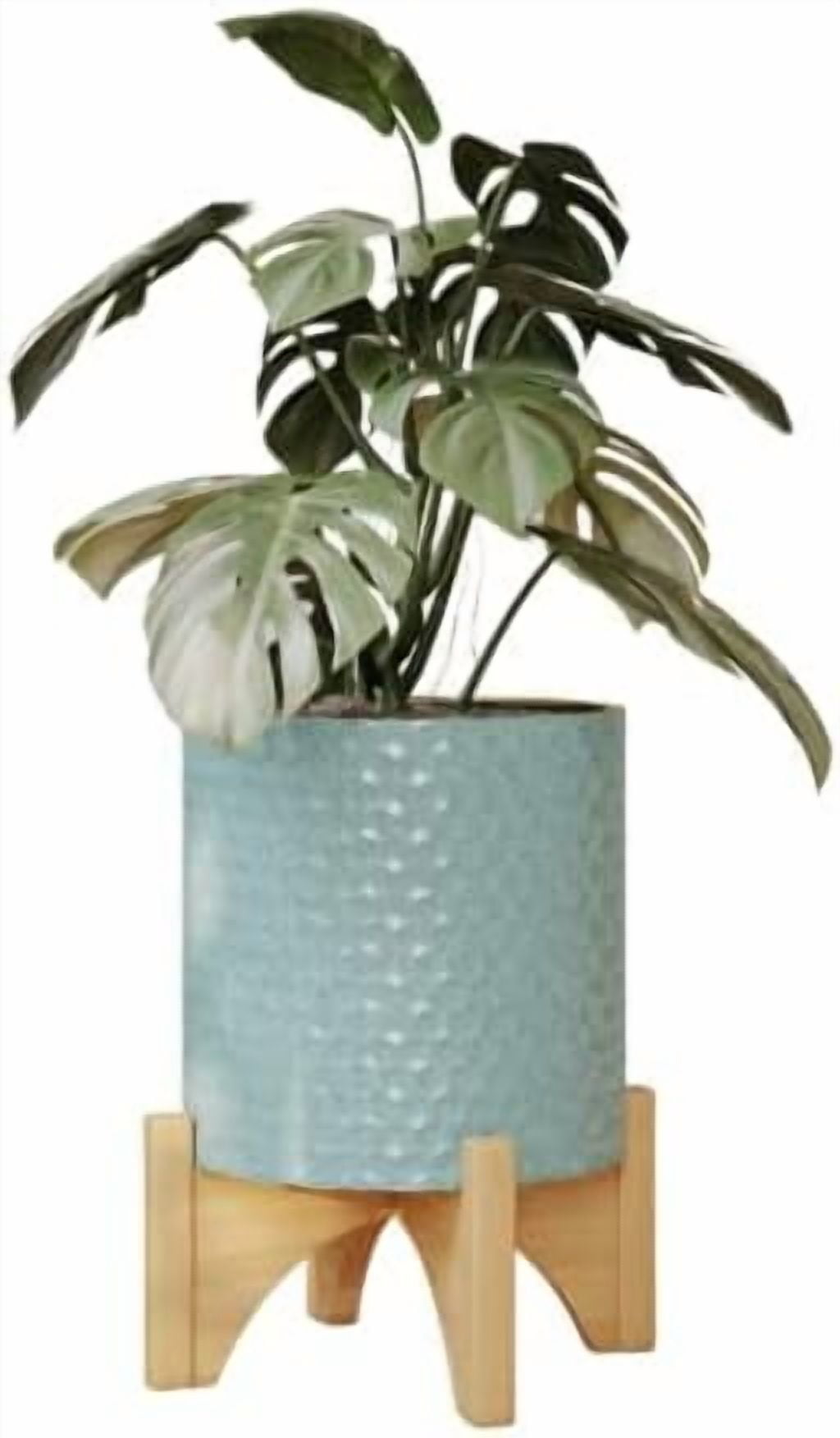 Mid-Century Modern Rhys Honeycomb Embossed Planter Pot with Arch Wood Stand, Metal Indoor Plant ...