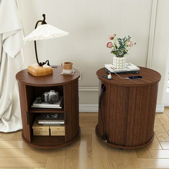 Mid Century Modern Round End Table, Cylinder Nightstand with Built-in ...