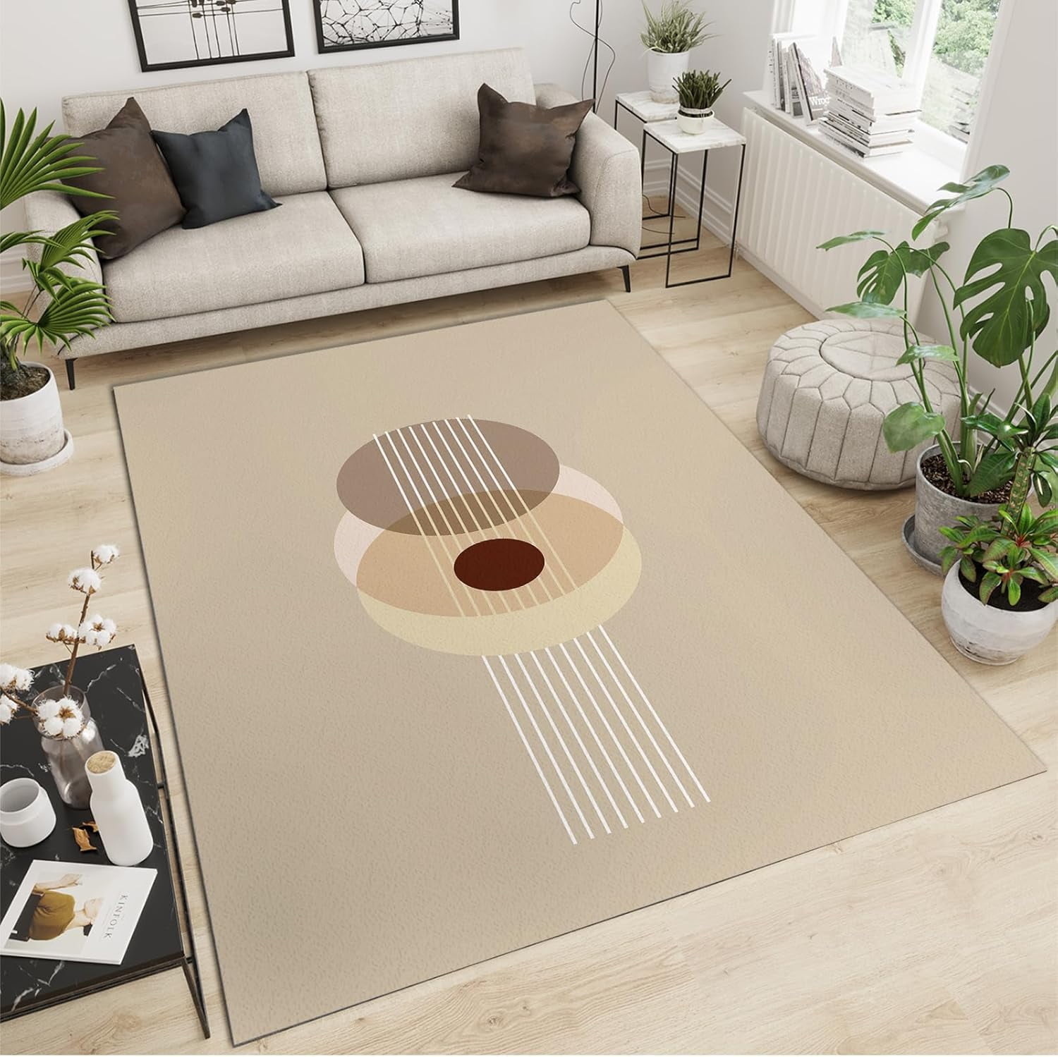 Mid Century Modern Rug, Minimalist White Stripes With Colorful ...