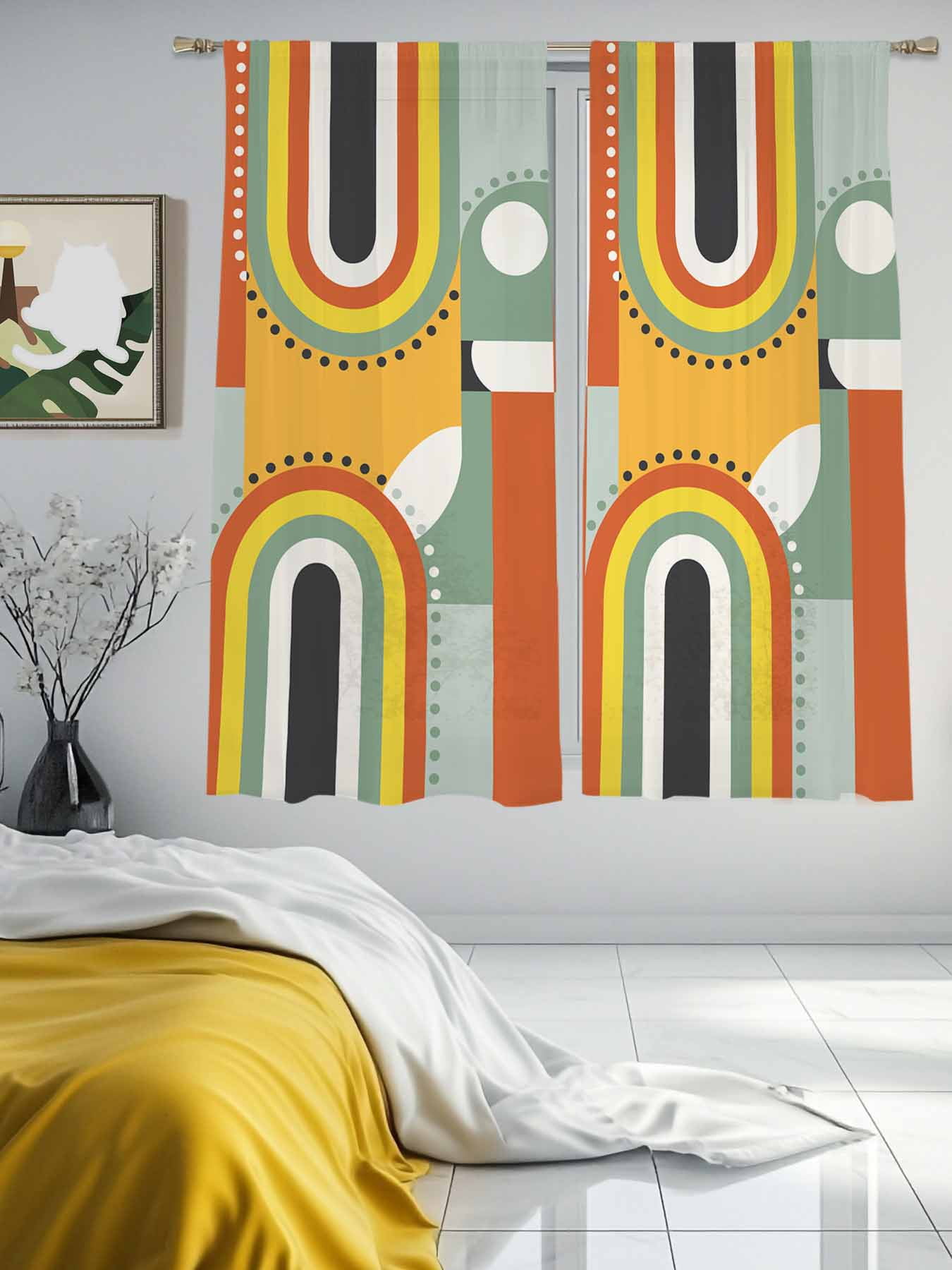 Mid-Century Modern Sheer Curtains 63 inches Long 2 Panels Set Art ...