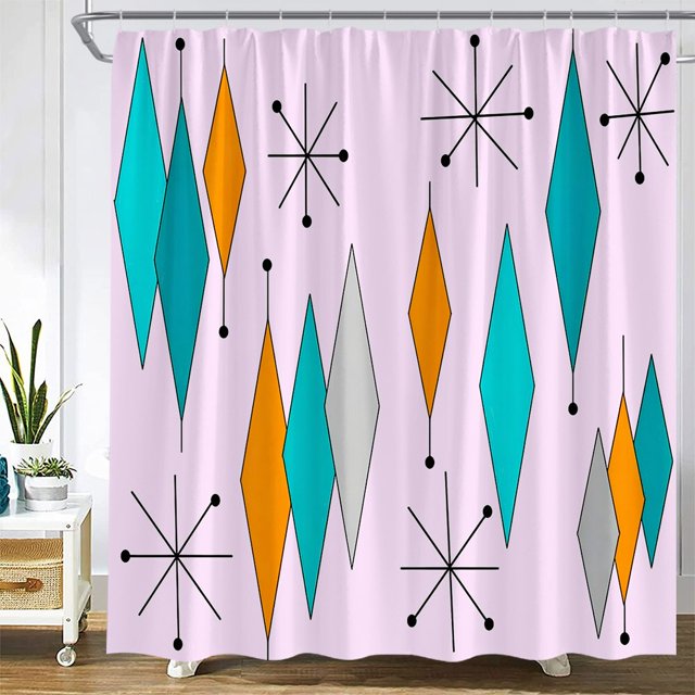 Mid Century Modern Shower Curtains Geometric Turquoise Orangecreative