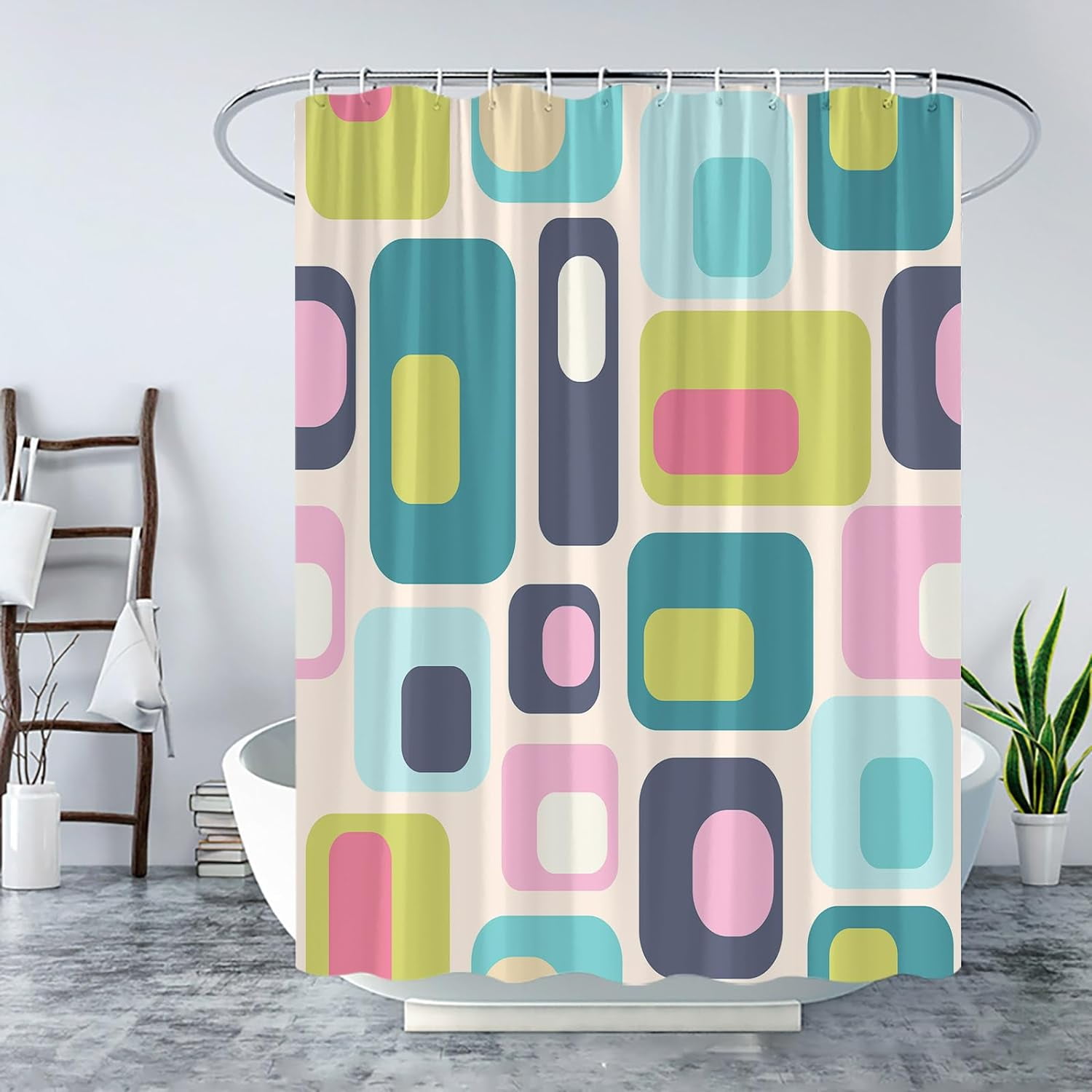 Mid Century Modern Shower Curtains Retro Atomic Starbursts Pink Blue