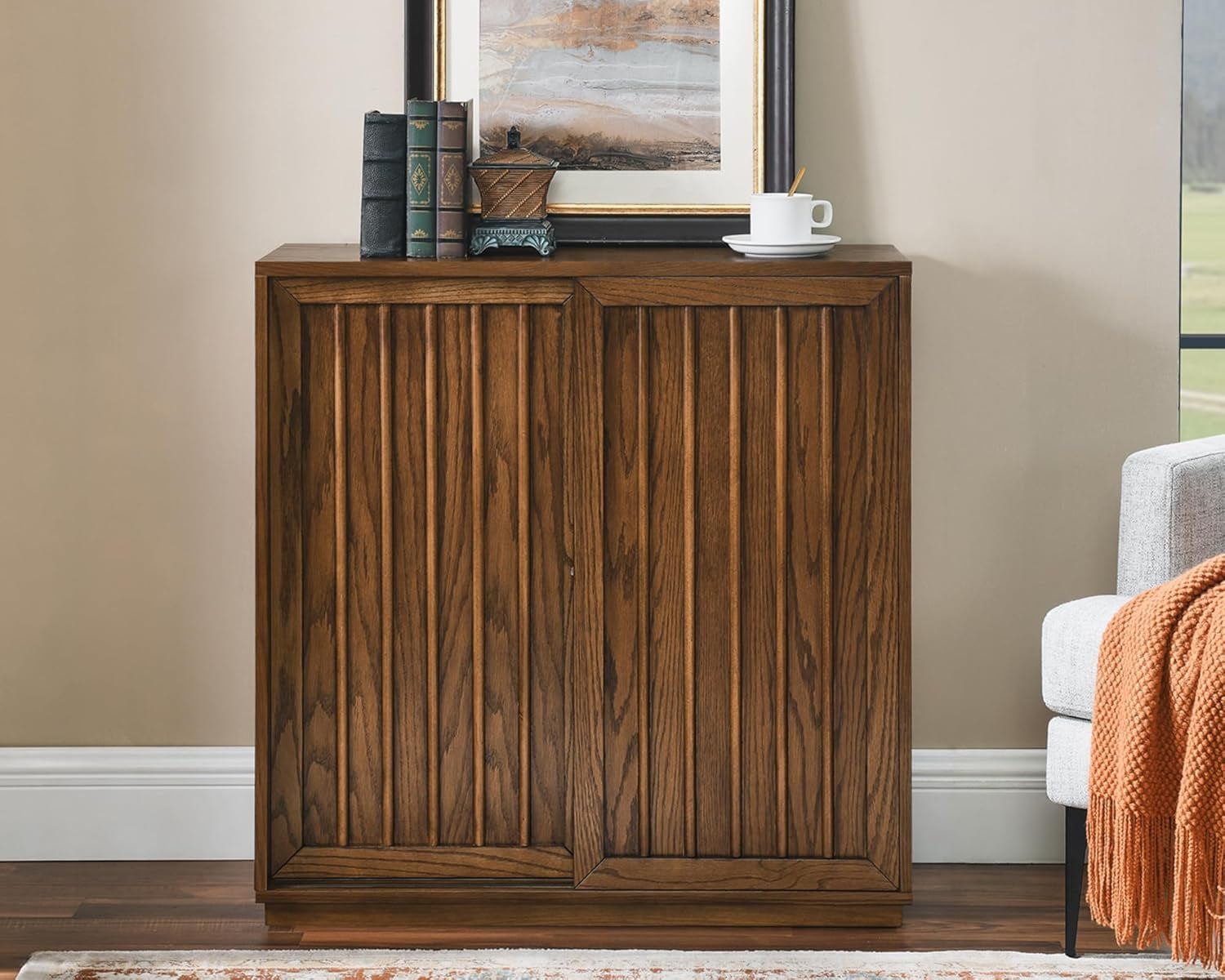 Mid Century Modern Sideboard Buffet Cabinet with 2 Fluted Sliding Door,Small Storage Cabinet ...