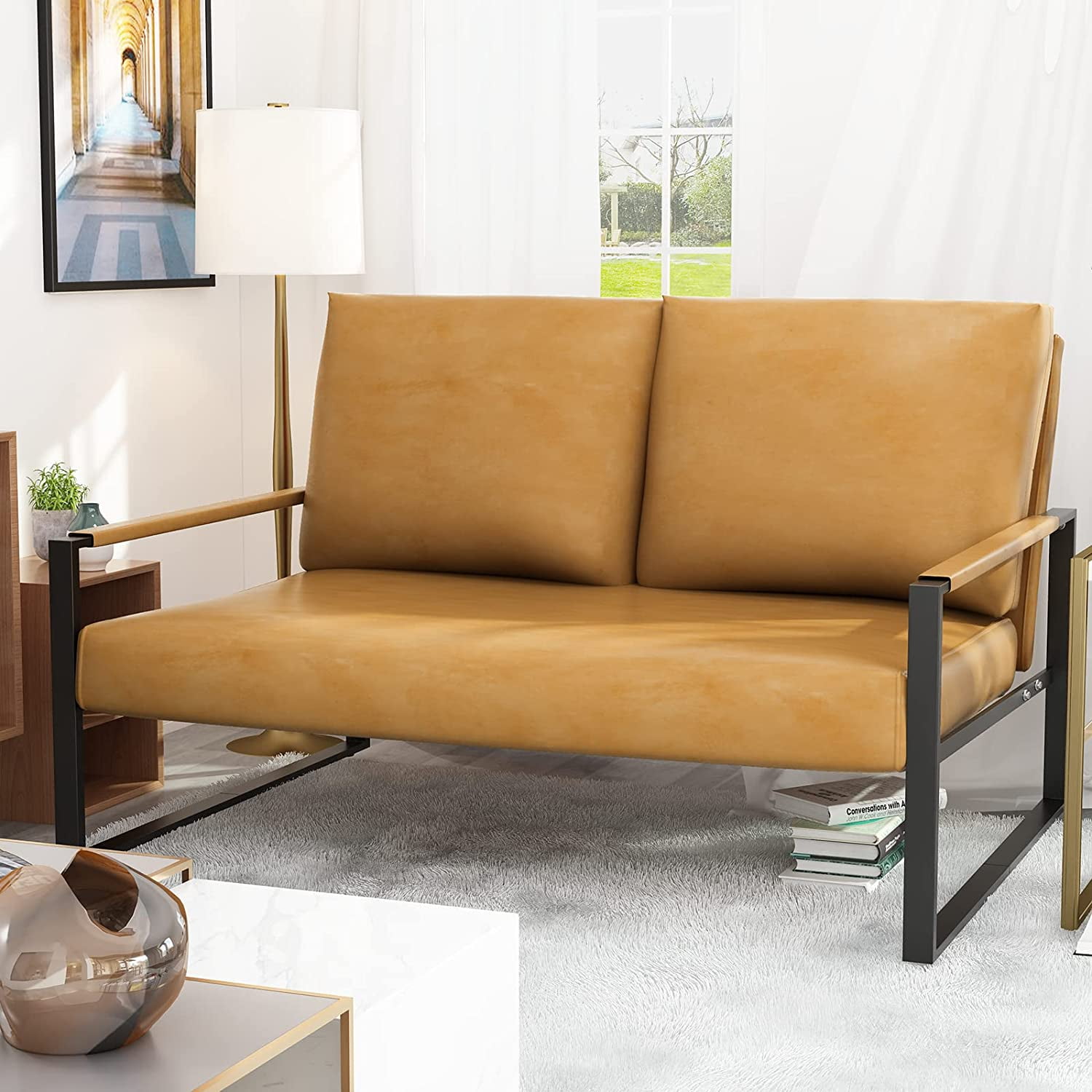 Mid-Century Modern Solid Loveseat Sofa Upholstered Faux Leather 2-Seat ...
