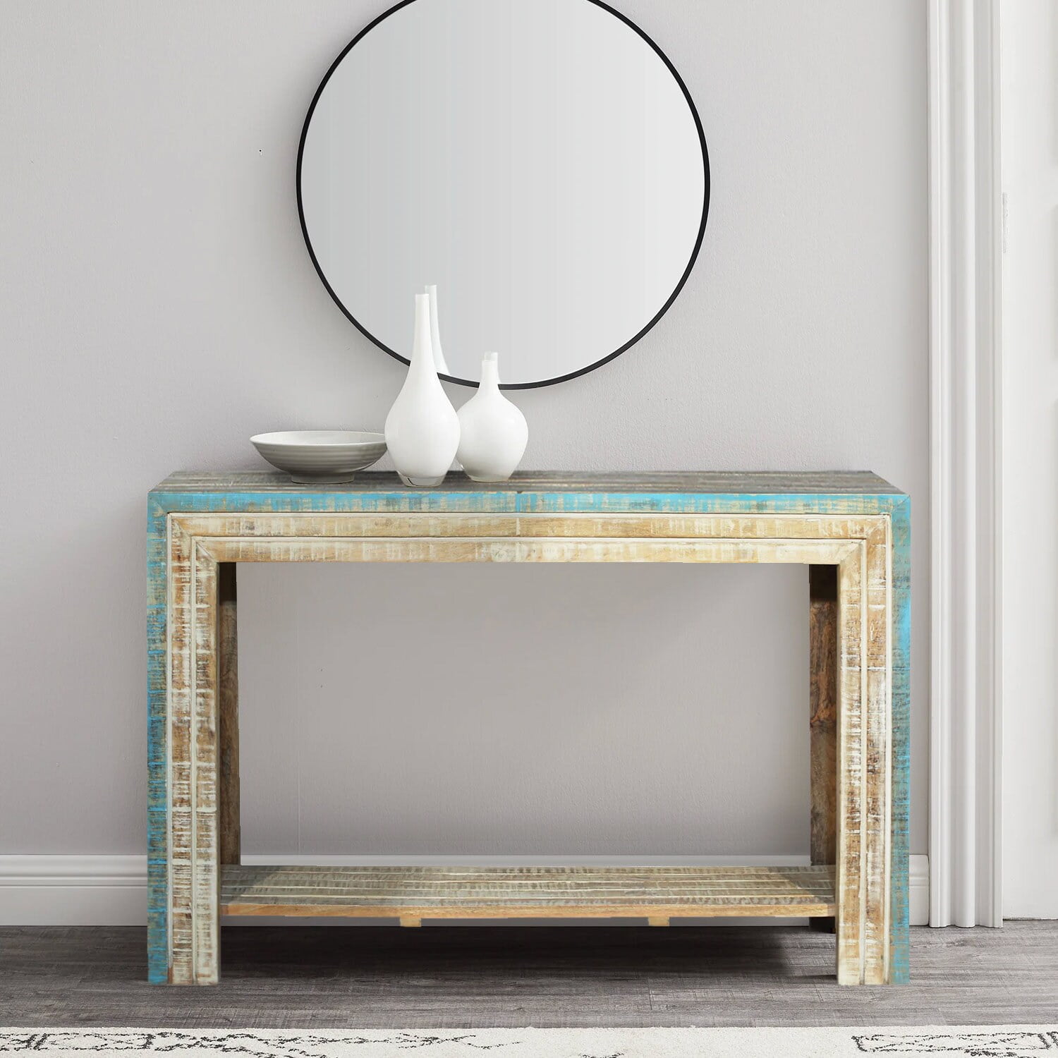 Mid Century Modern Solid Wood Carved Distressed Console | Farmhouse ...