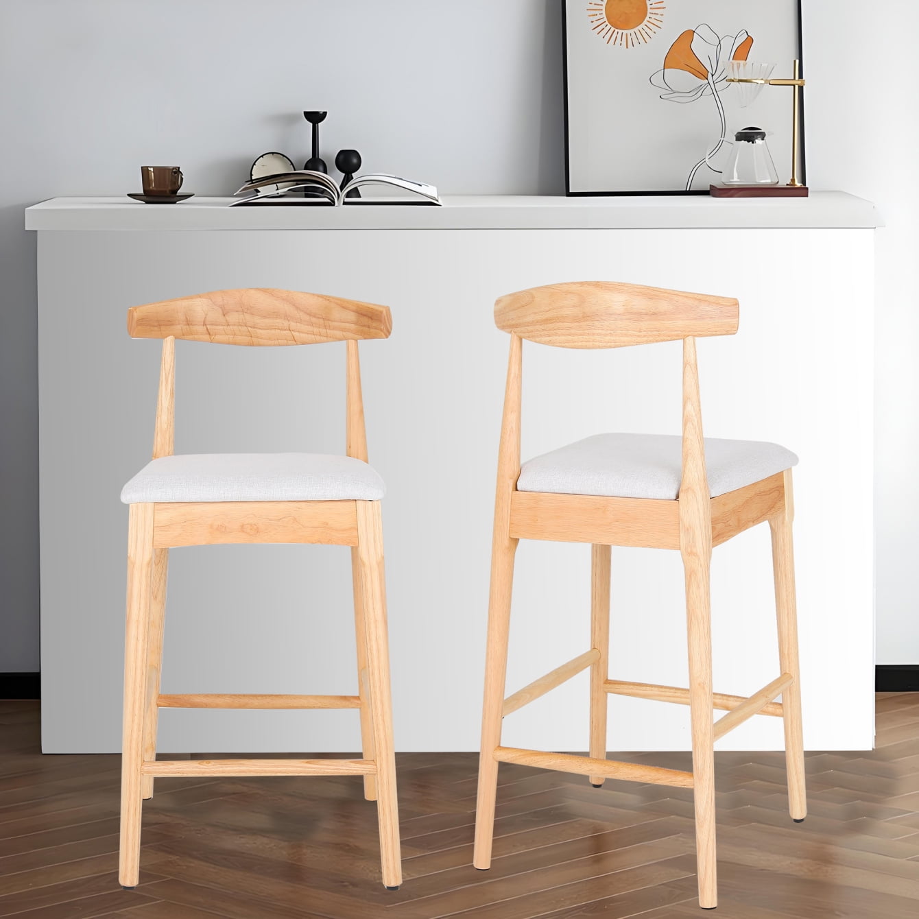 Mid-Century Modern Solid Wood Counter Stools with Upholstered Beige ...