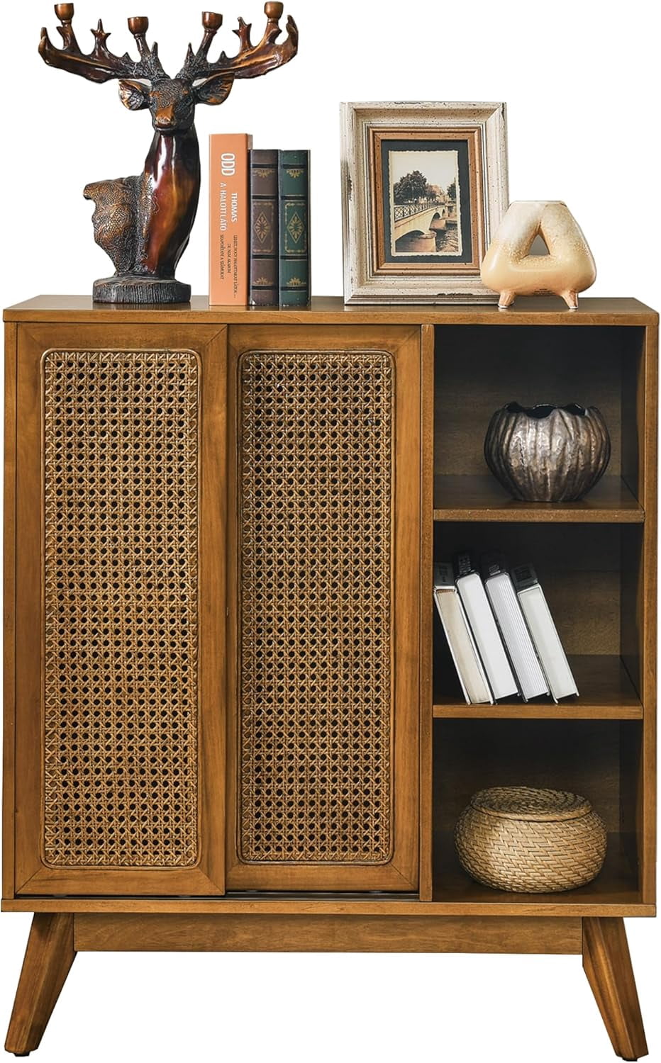 Mid Century Modern Storage Cabinet with Rattan Sliding Doors and Open ...
