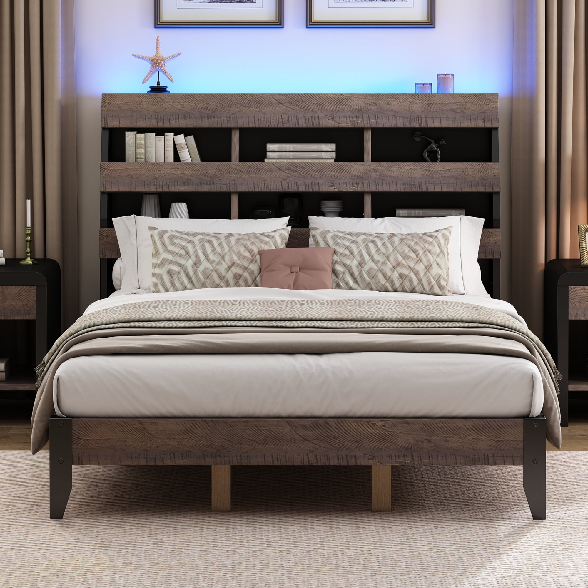 Mid Century Modern Style Queen Bed Frame With Bookshelf And Led Lights