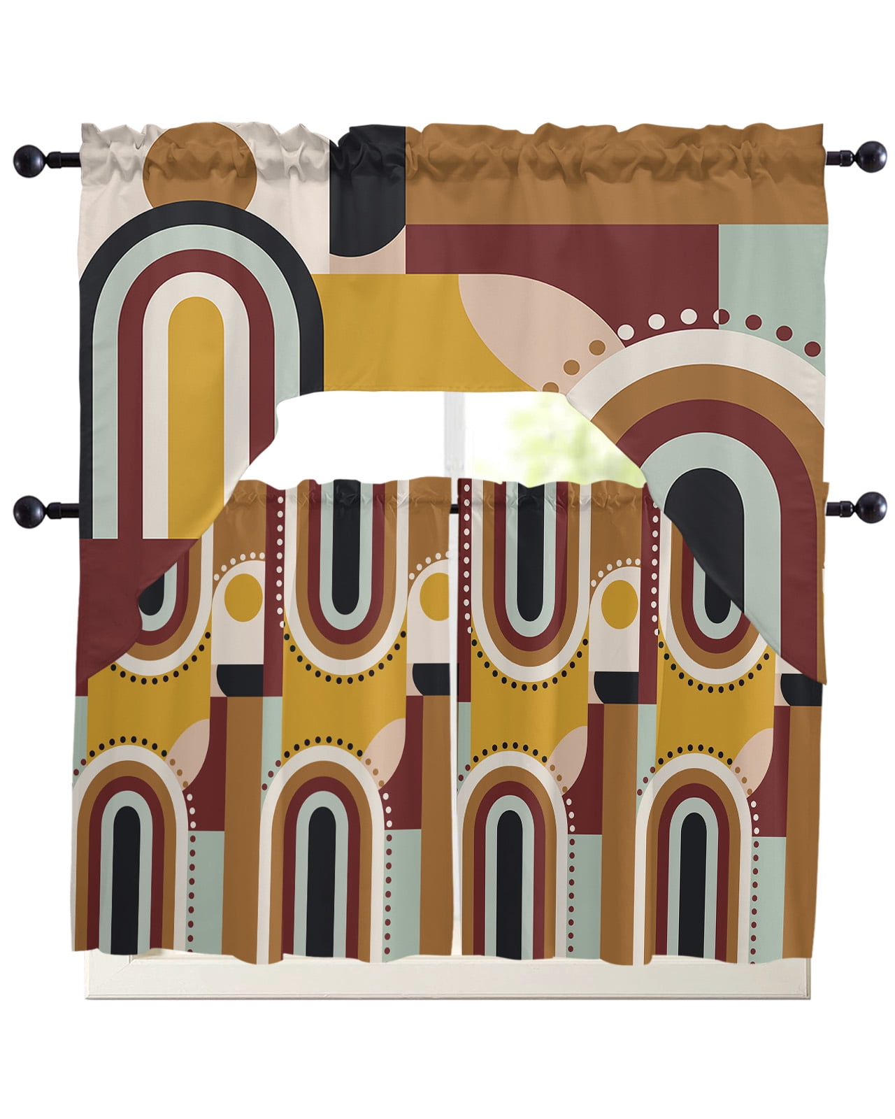 Mid-Century Modern Swag Valance and Tier Curtains Set Geometric ...