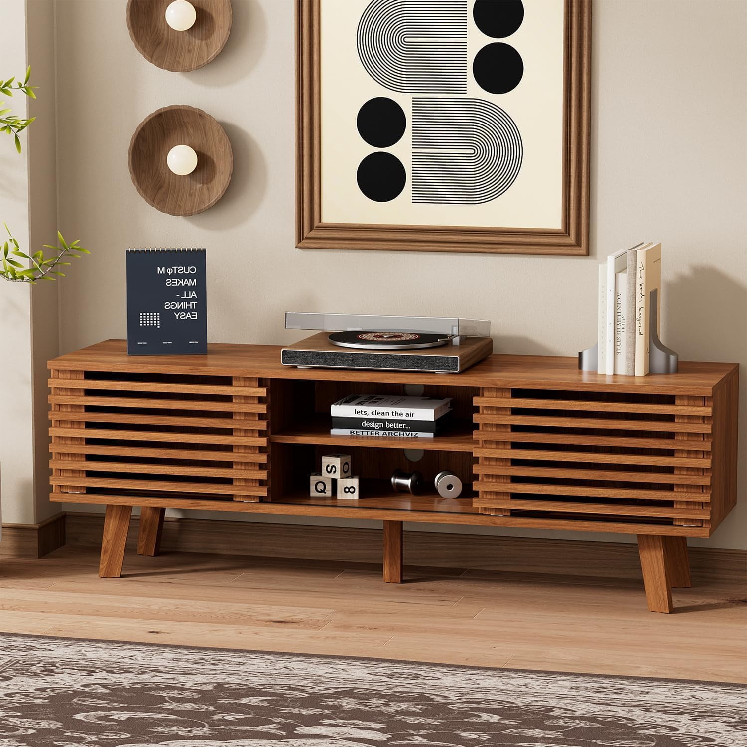 Mid Century Modern TV Stand for 55/60/65 inch TV, Entertainment Center with Sliding Door and ...