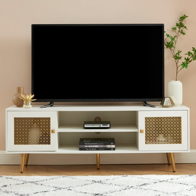 EDYO LIVING 65" Mid Century Modern White TV Stand with Open Shelf, Boho ...
