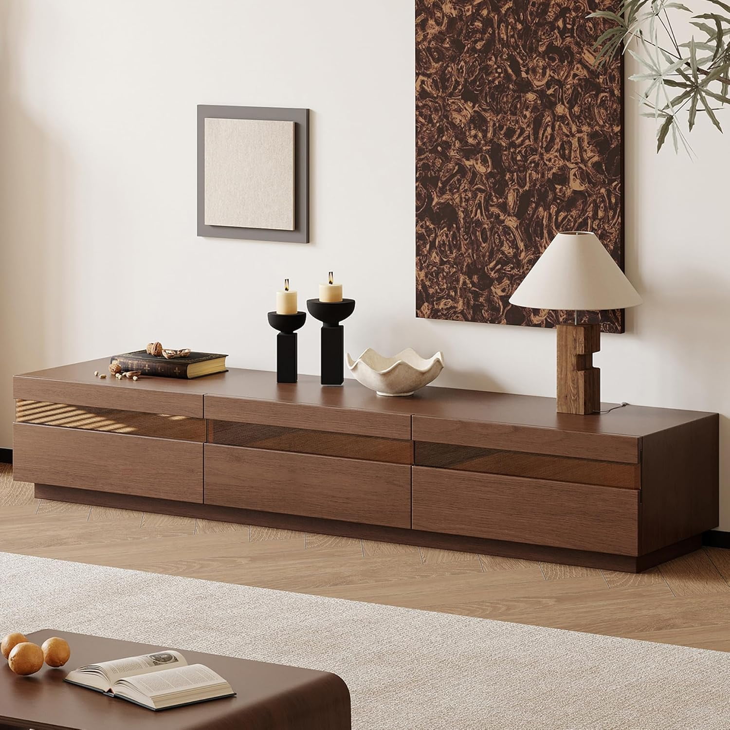 Mid Century Modern TV Stand, 71" Brown Wood Entertainment Center with ...