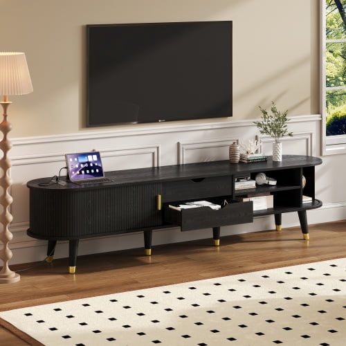 Mid Century Modern TV Stand Black Farmhouse Media Console with Fluted ...