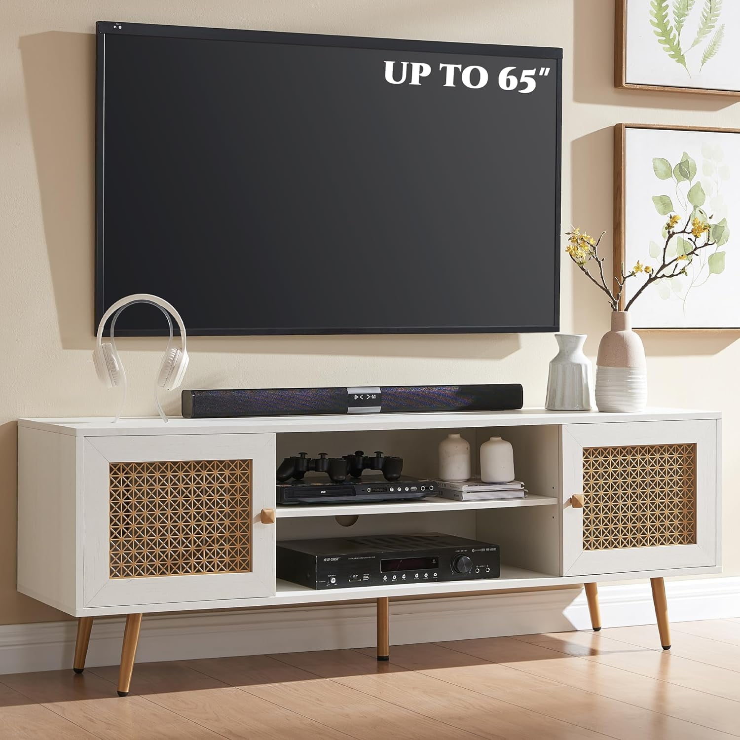 Mid Century Modern TV Stand with Metal Mesh Doors and Open Shelf for 65 ...