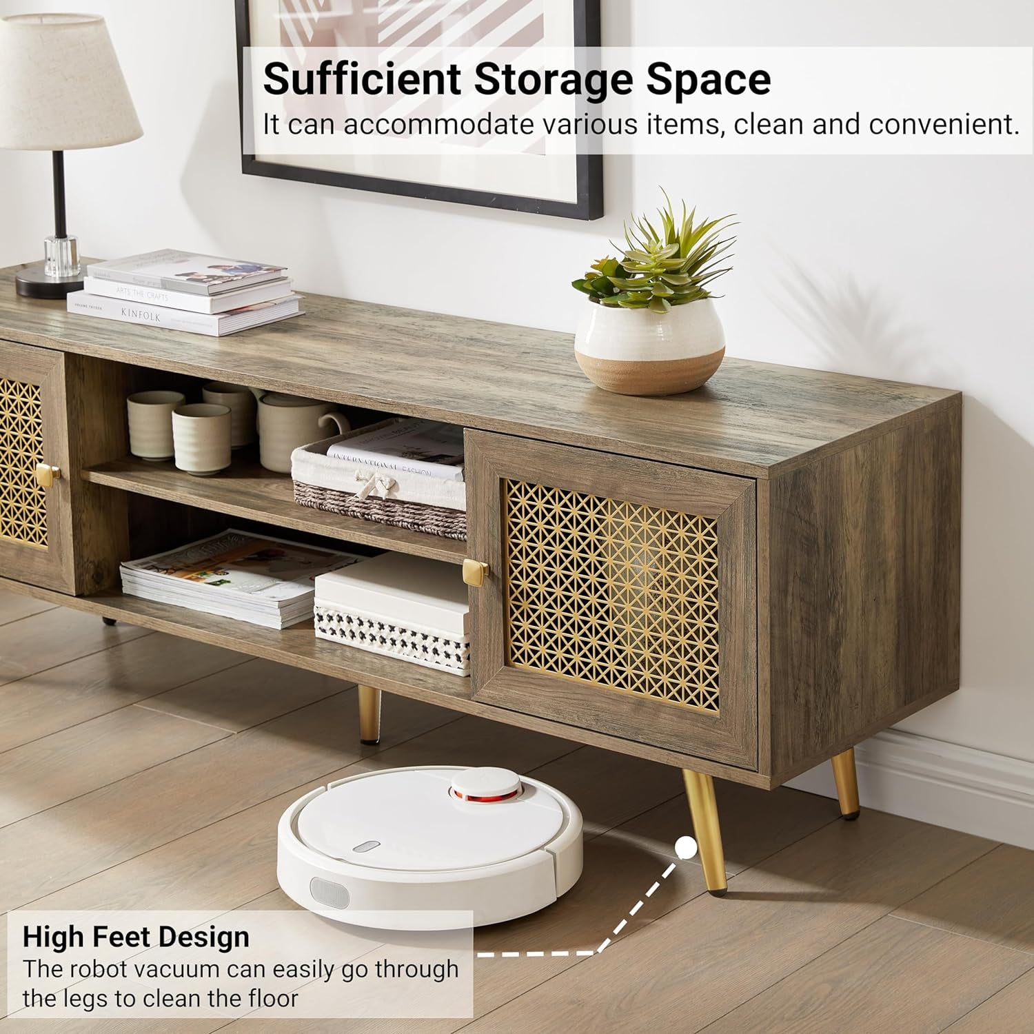 Mid Century Modern TV Stand with Metal Mesh Doors and Open Shelf for ...