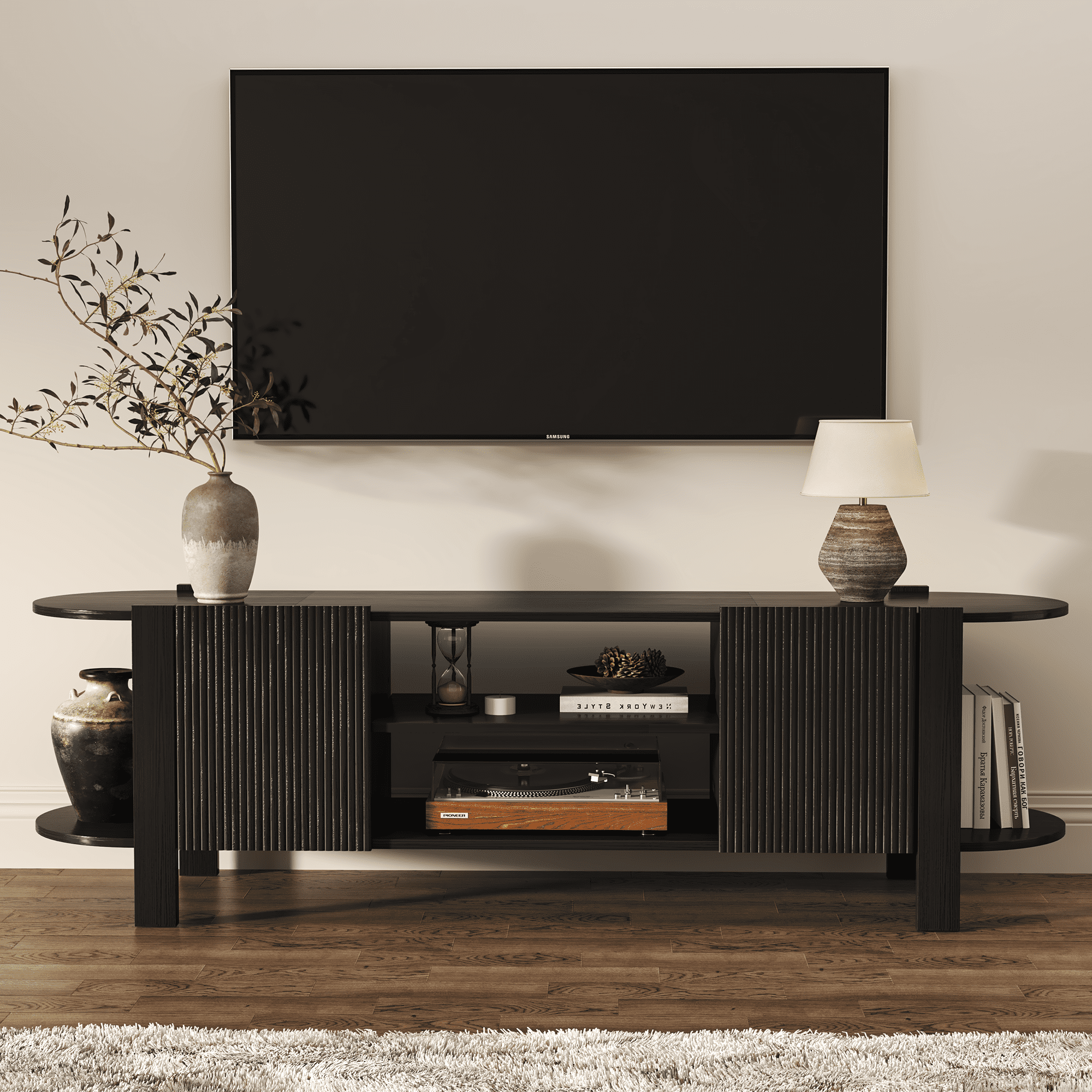 Mid-Century Modern TV Stand for TVs up to 75", 65" Black Entertainment ...