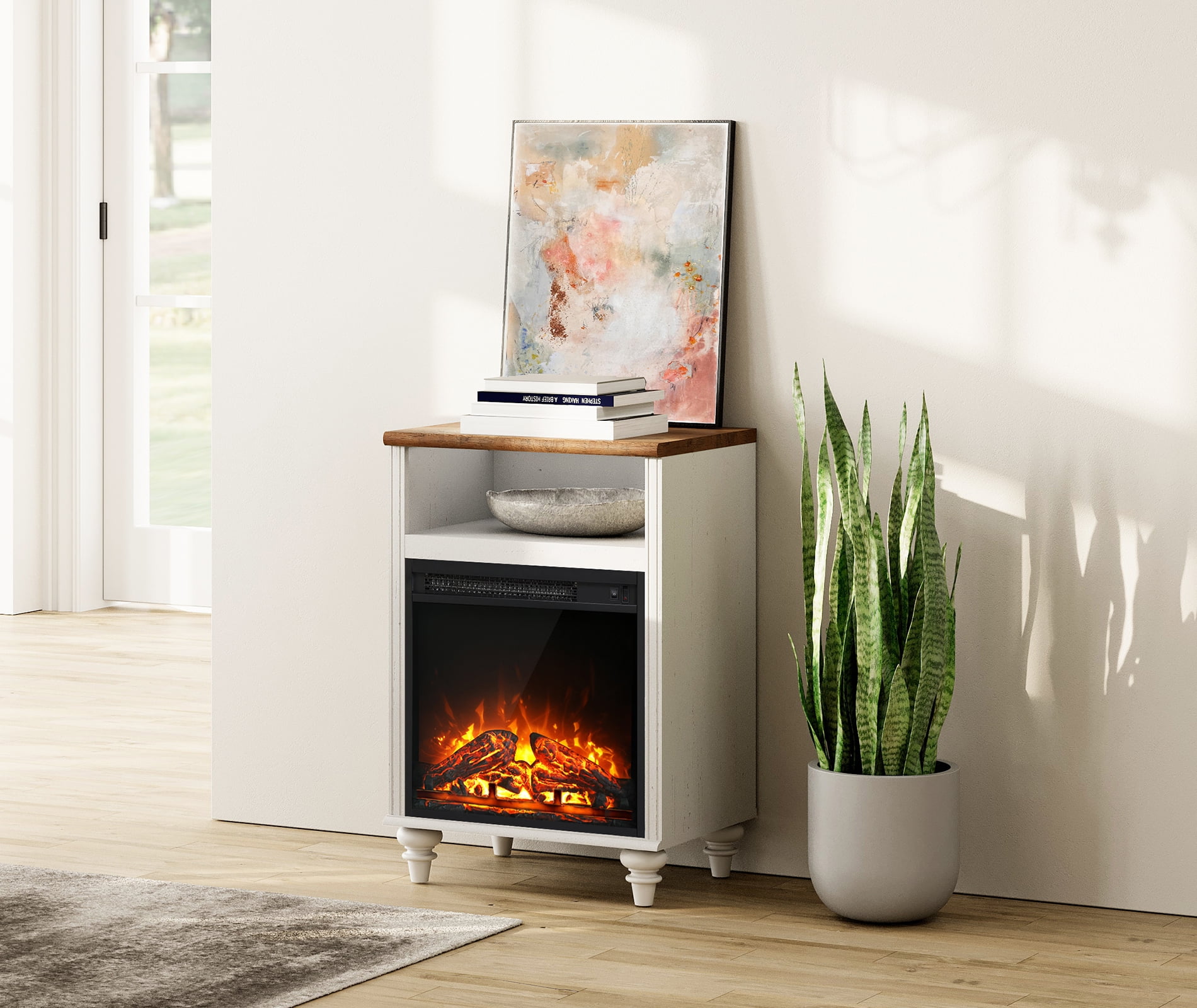 Wooden Bedside Electric Fireplace, 18-Inch 3D Freestanding Stove Heater ...