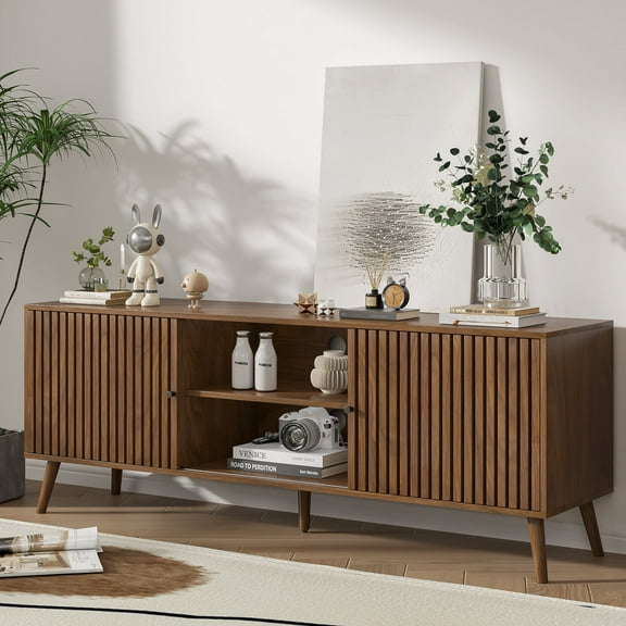 70.1" TV Cabinet with Storage and Sliding Doors, Wood Media Console ...