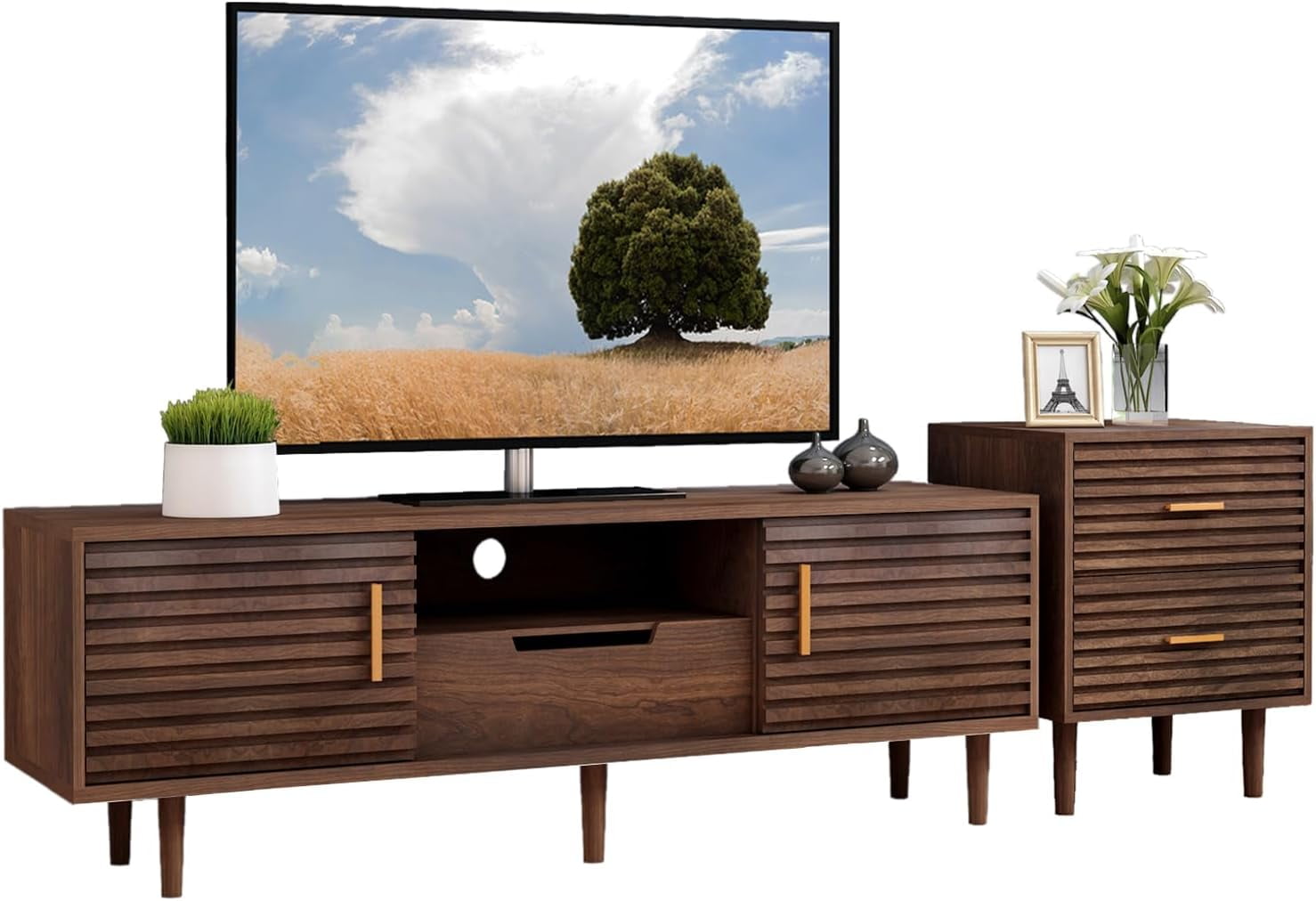 Mid-Century Modern TV Stand w/End Table,Home Media Entertainment Center ...