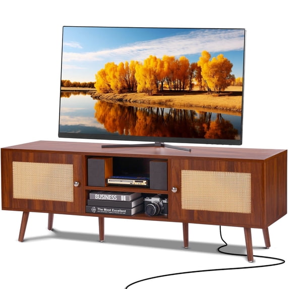 Mid Century Modern TV Stand with Built-in Outlets, Rattan Entertainment ...
