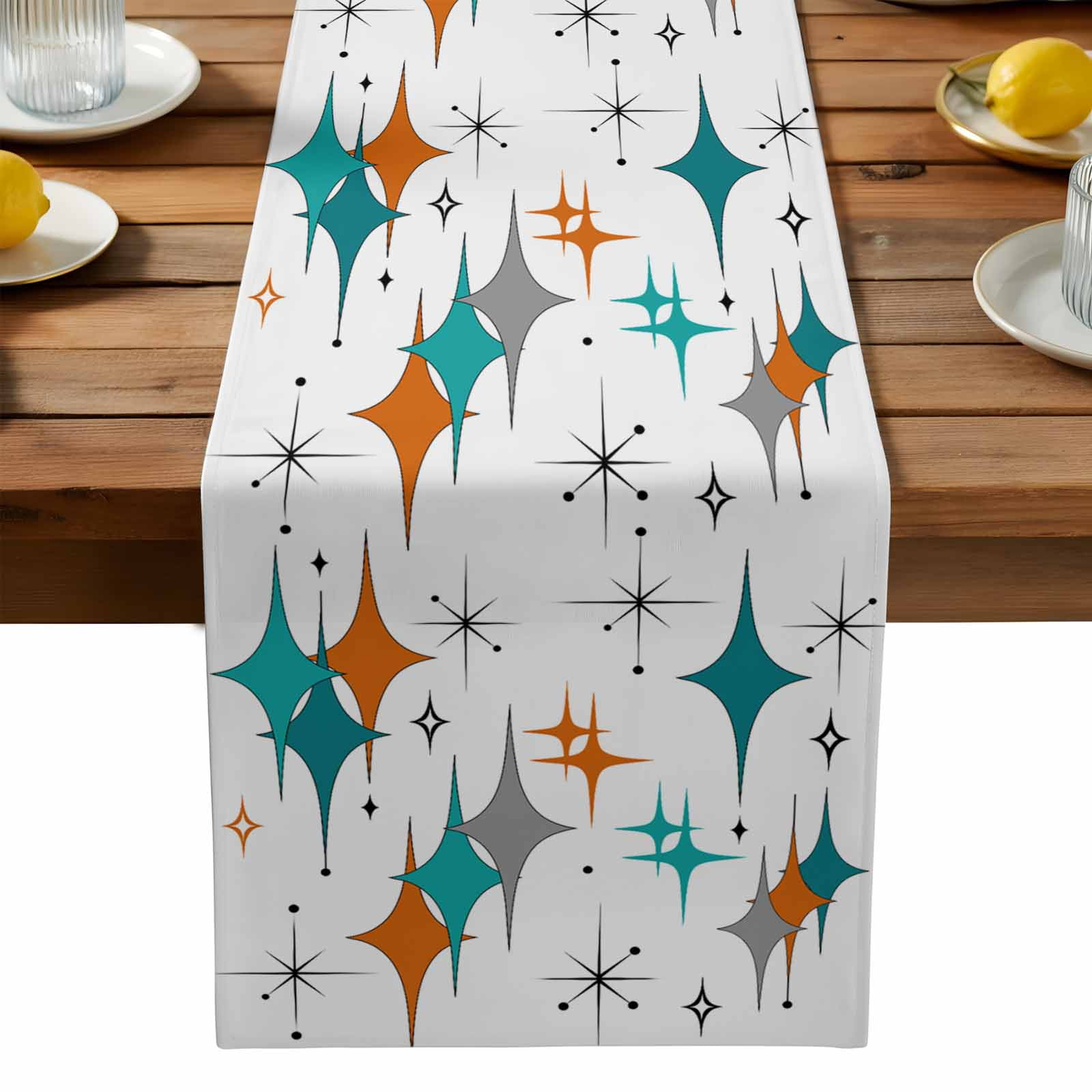 Mid Century Modern Table Runner, Turquoise Orange Grey Cotton Linen ...
