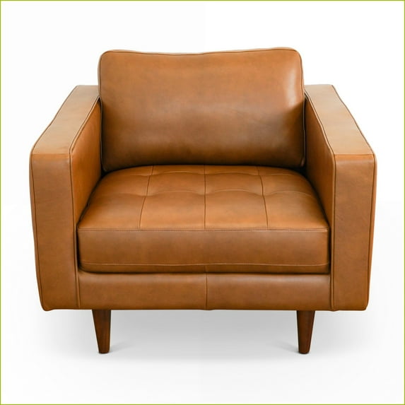 Mid-Century Modern Tan Genuine Leather Lounge Chair with Walnut Legs ...