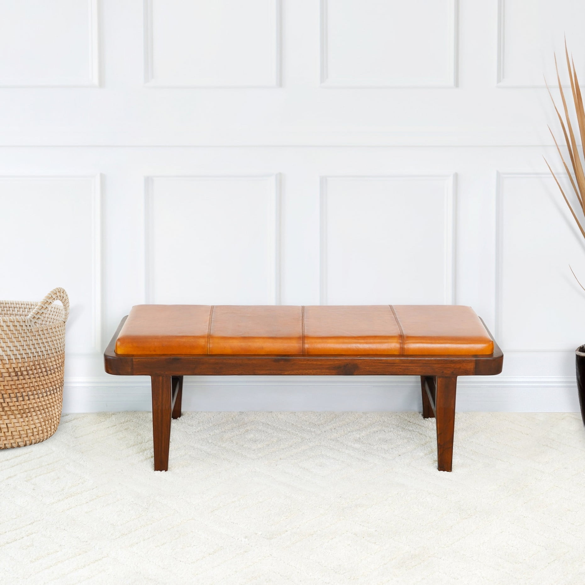 Mid-Century Modern Tan Leather Bench with Comfort and Style for Any ...