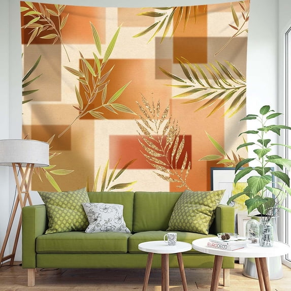 Mid Century Modern Tapestry Boho Green Gold Leaf Tapestry Wall Hanging ...