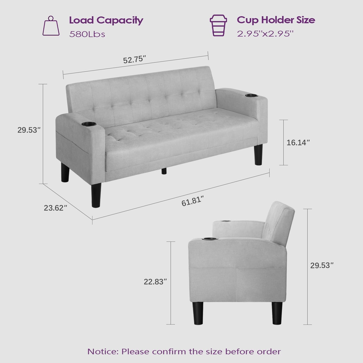 Mid-Century Modern Tufted Loveseat Sofa with USB Charging Ports & Cup Holders (Light Grey, 62 ...