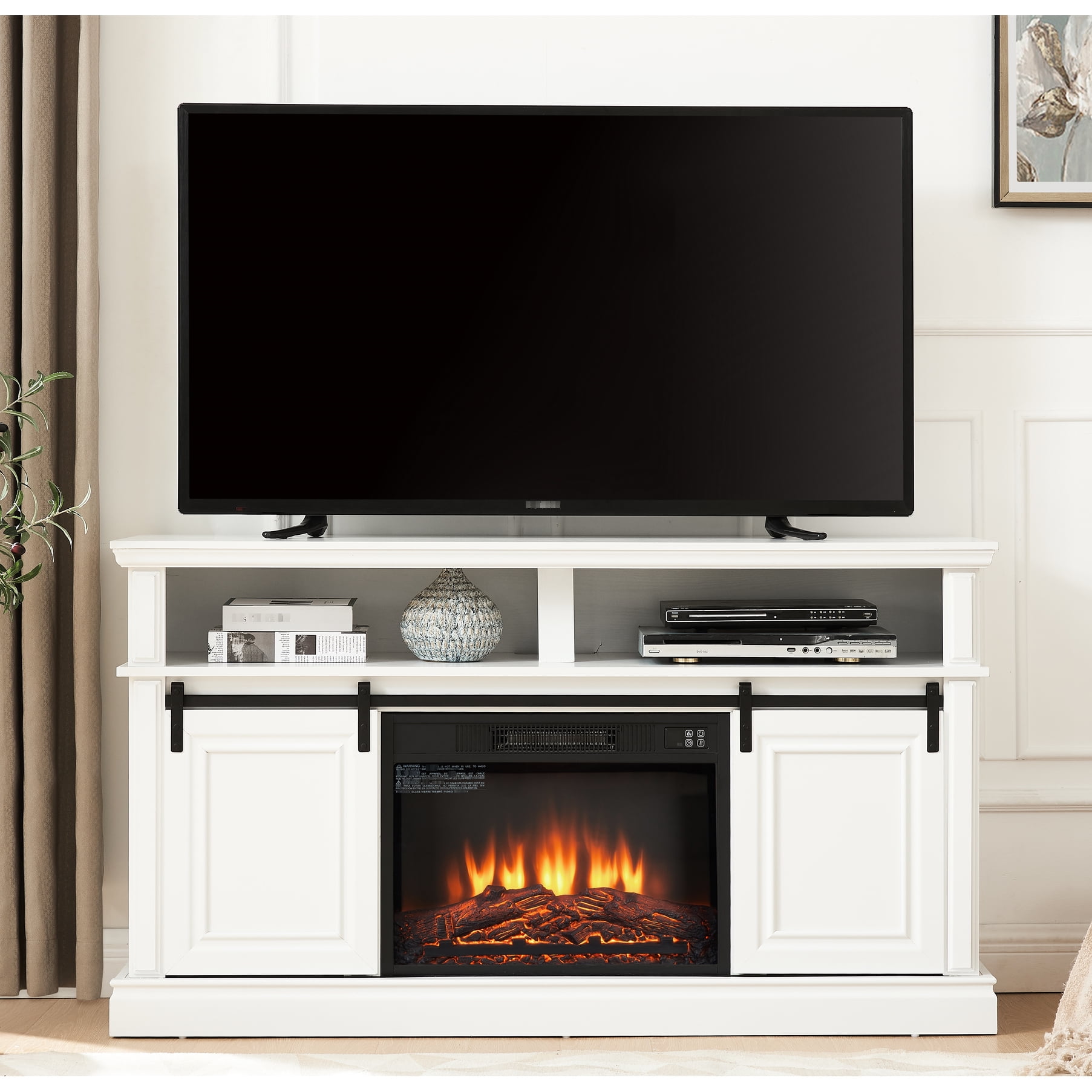 Mid Century Modern Tv Console With Storage, Antique White, Suits 65" Tvs, 1400w Fireplace Insert ...